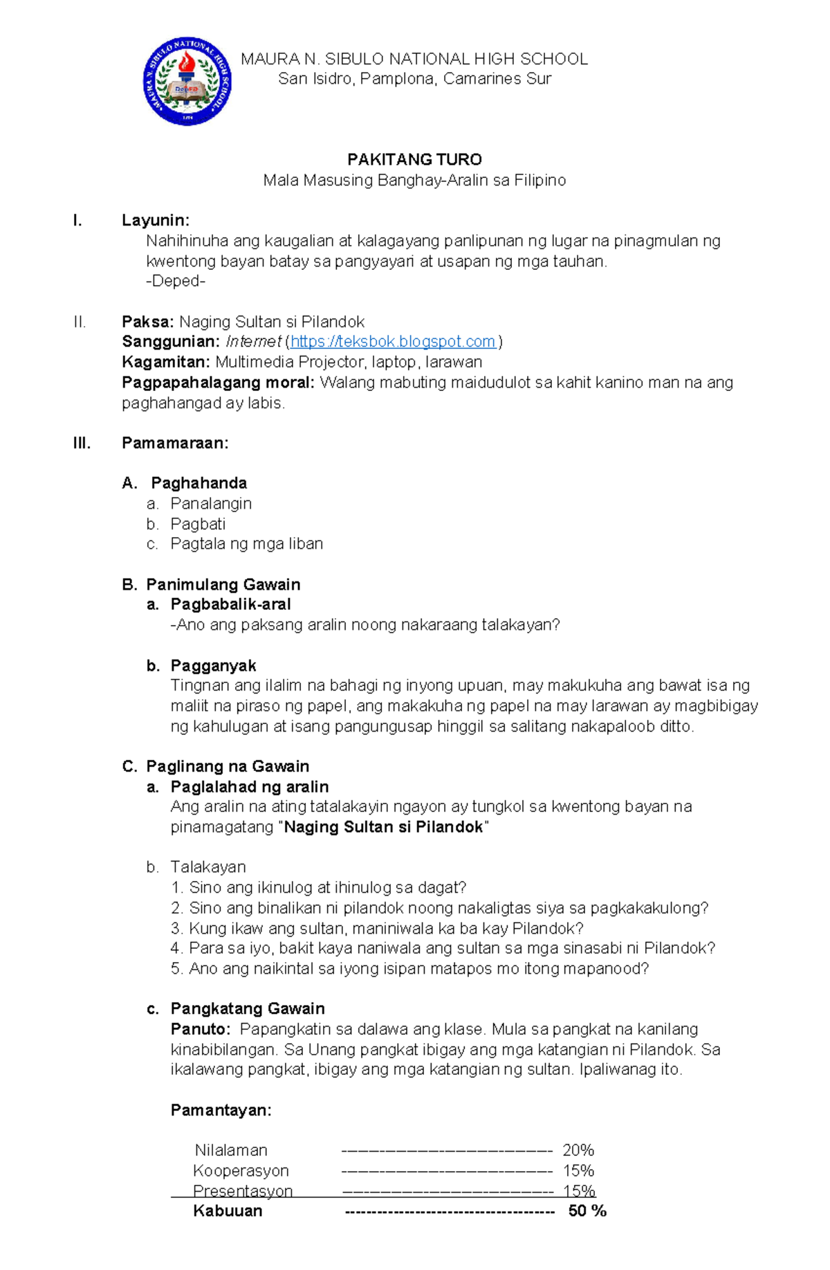 561278900 Banghay Aralin Nang Maging Sultan Si Pilandok - MAURA N ...