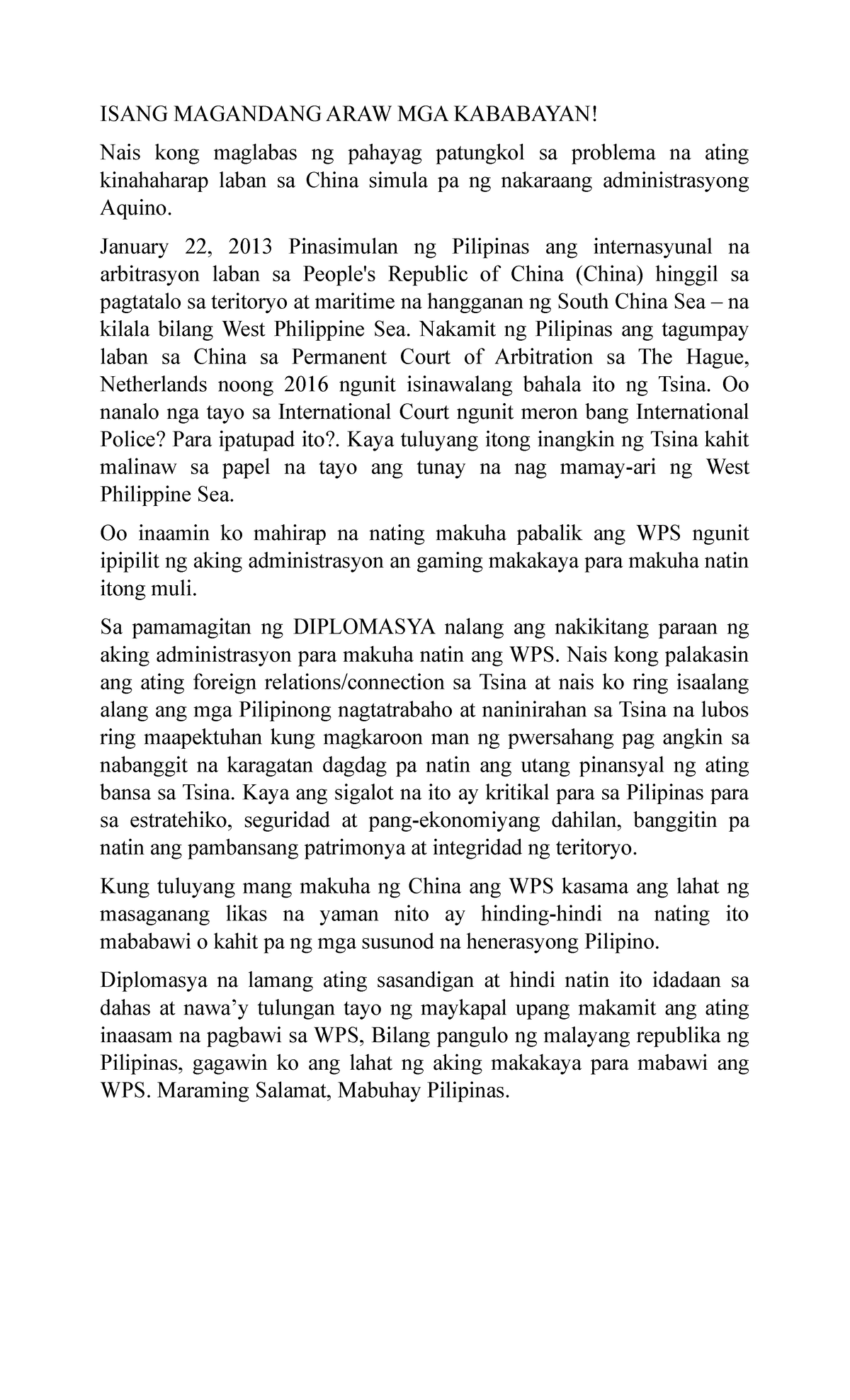 Ap10speech - its imporatan - ISANG MAGANDANG ARAW MGA KABABAYAN! Nais ...