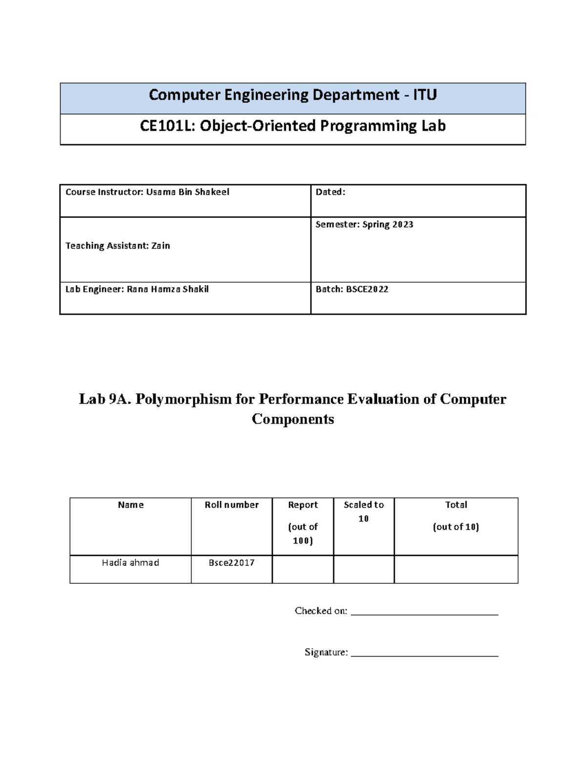 CE 09-A - non - Computer Engineering Department - ITU CE101L: Object-Oriented Programming Lab ...