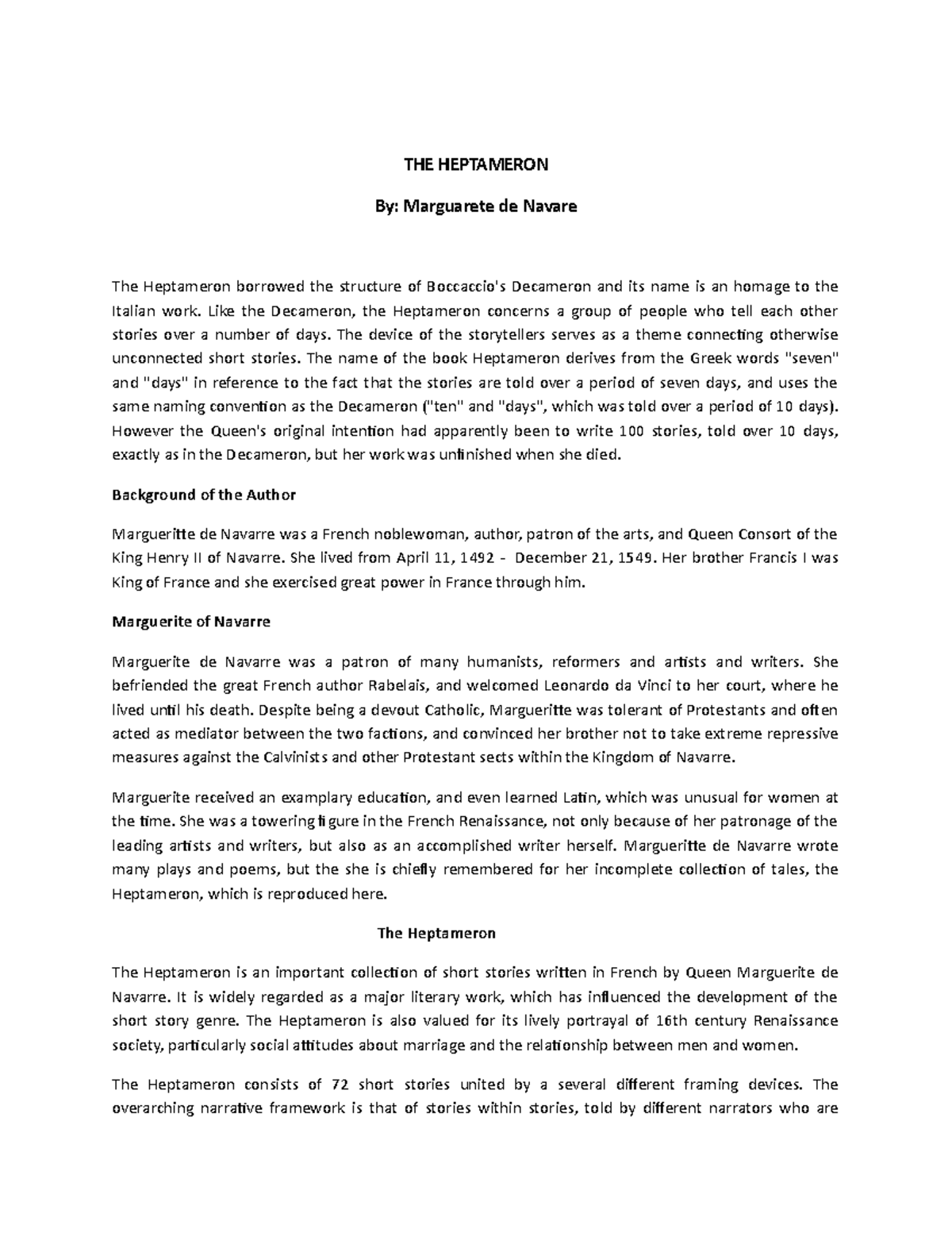 THE- Heptameron - THE HEPTAMERON By: Marguarete de Navare The ...