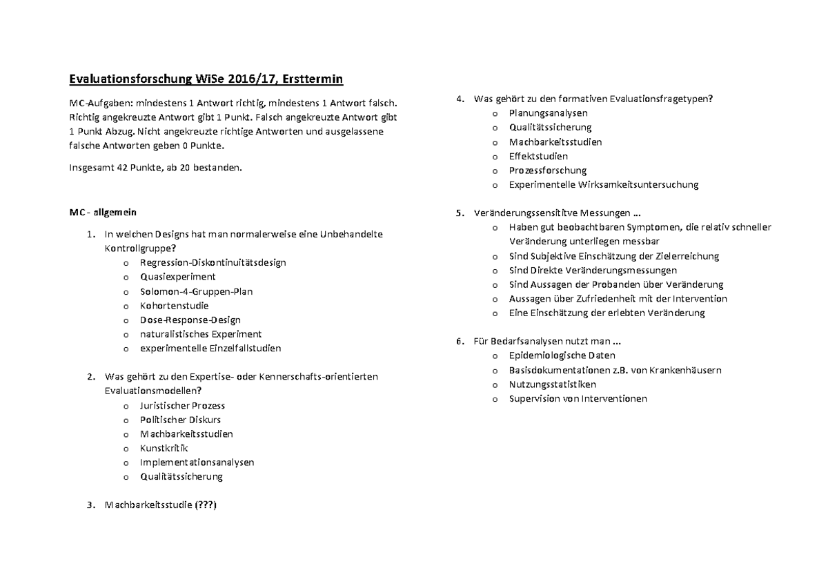 Klausur Wintersemester 2016/2017, Fragen - Evaluationsforschung WiSe 2016/17, Ersttermin - Studocu