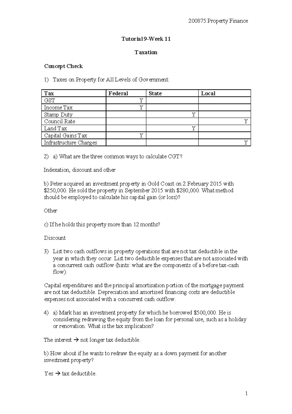 Tutorial 9-Week 11-Answer - 200875 Property Finance 1 Tutorial 9-Week ...