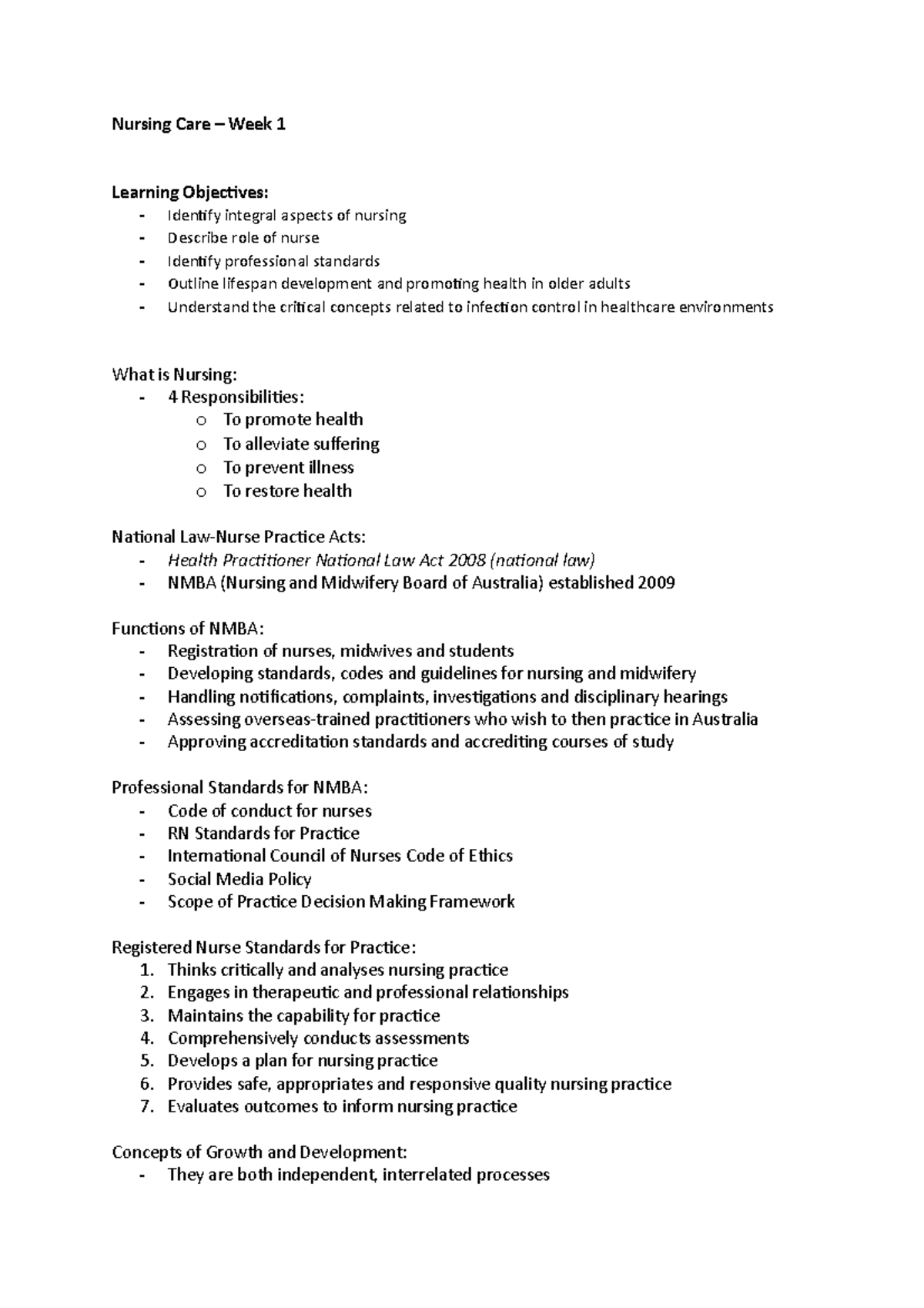 Notes WEEK 1 - professional standards, role of nurse - Nursing Care ...
