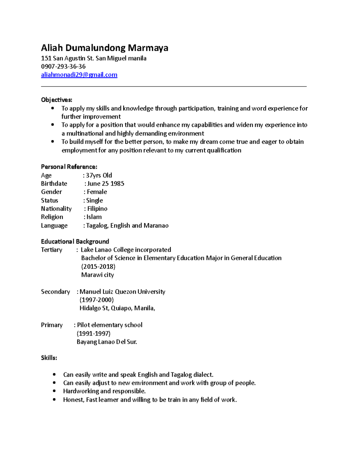 Alliah Monadi Resume - ilove chicken nuggets!! - Aliah Dumalundong ...