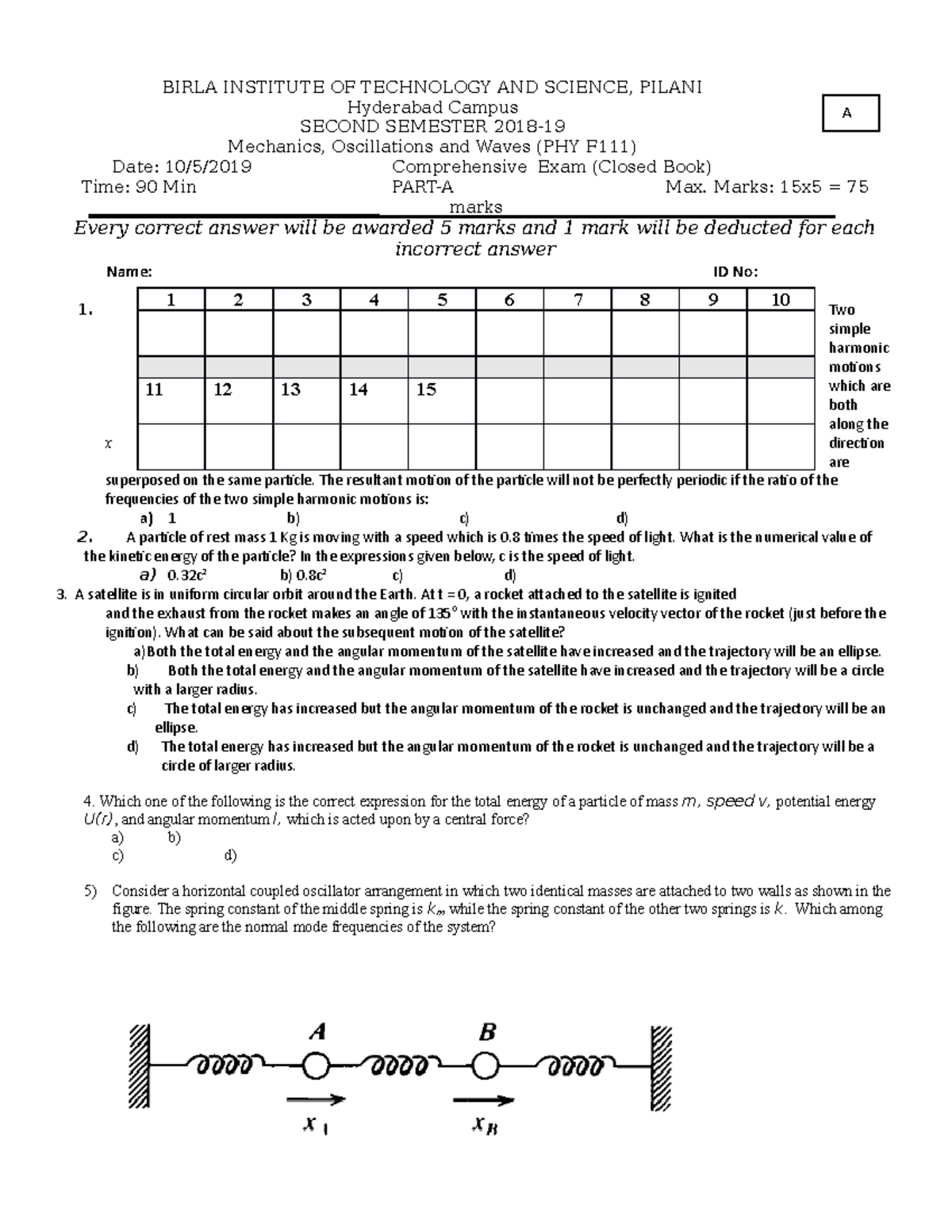 Compre 2019 - PREVIOUS YEAR QP - BIRLA INSTITUTE OF TECHNOLOGY AND SCIENCE, PILANI Hyderabad ...