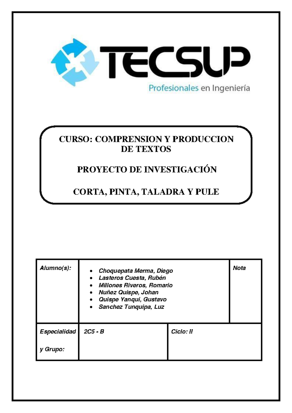 Informe de Proyecto de investigación - Alumno(s): Choquepata Merma ...