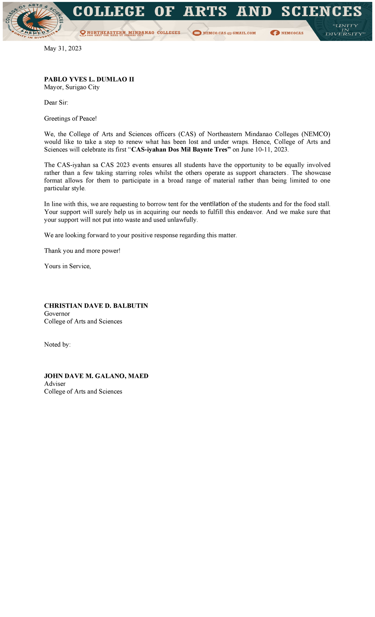 Request Letter for Mayors Office - May 31, 2023 PABLO YVES L. DUMLAO II ...