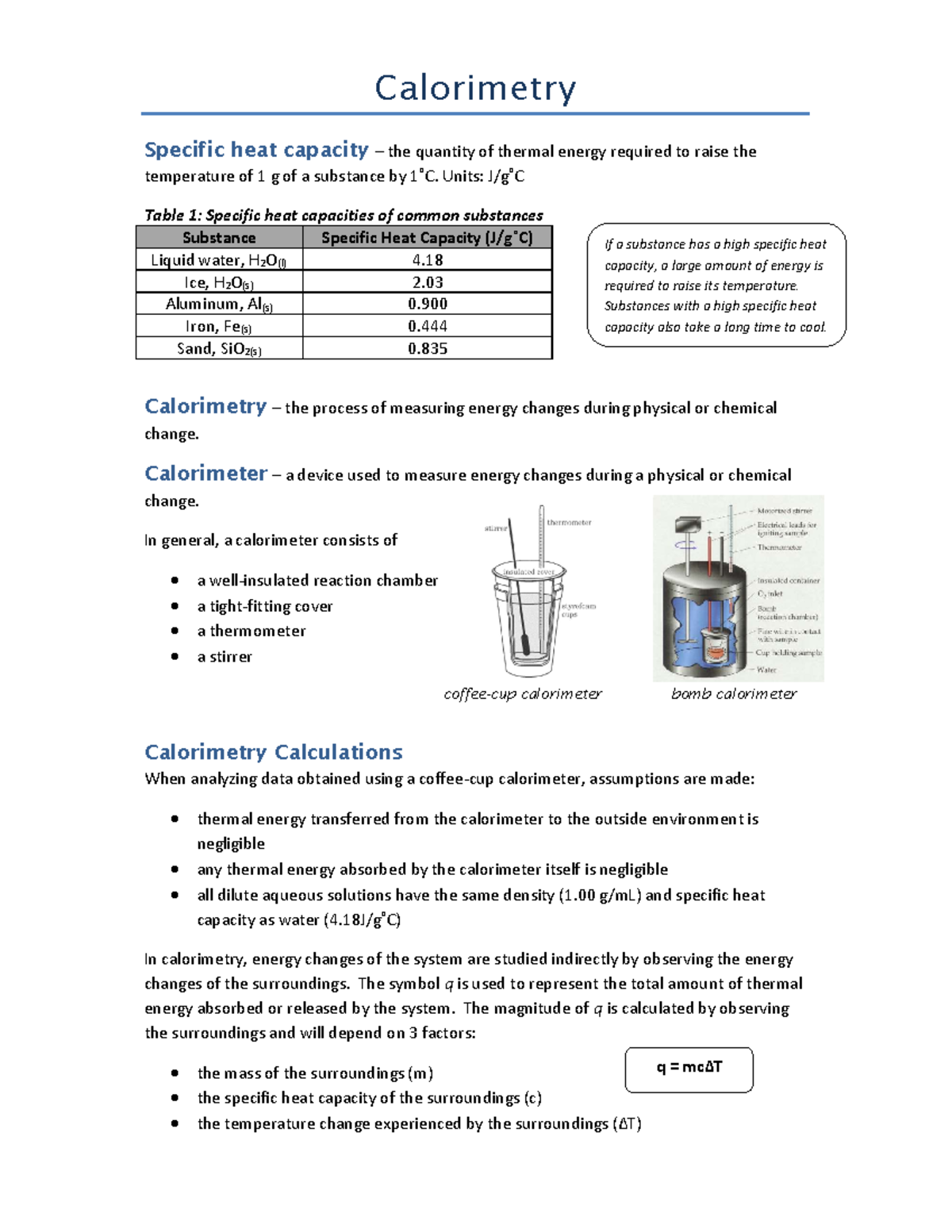 2-calorimetry lesson - bio - If a substance has a high specific heat ...