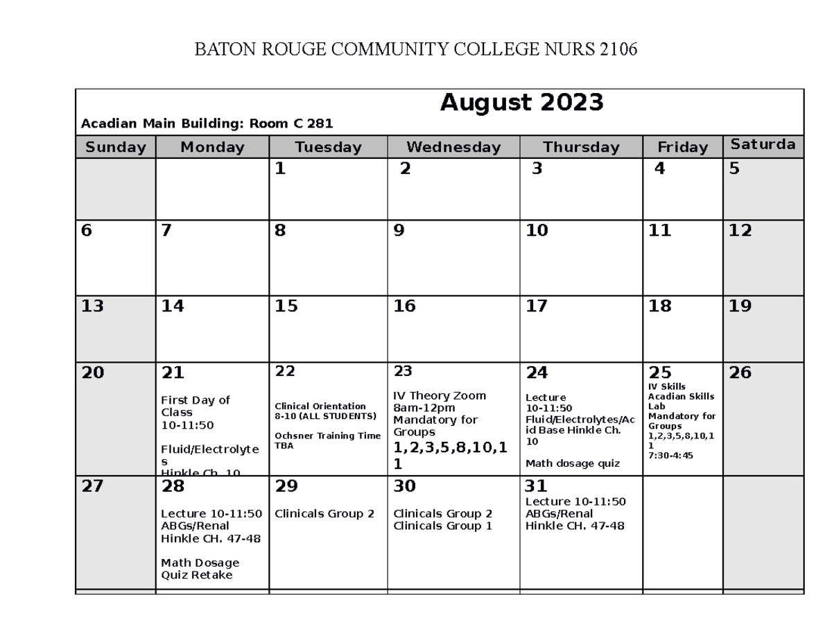 NURS 2106 Fall 2023 Calendar - August 2023 Acadian Main Building: Room ...