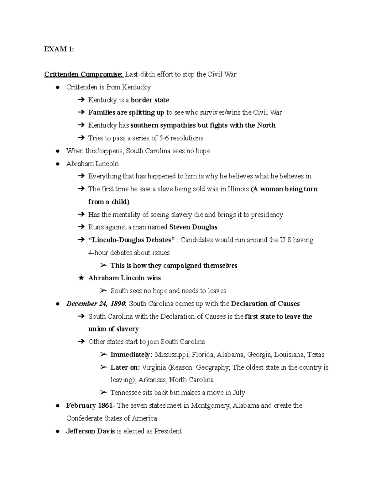 Dual History Civil War Notes - EXAM 1: Crittenden Compromise: Last ...