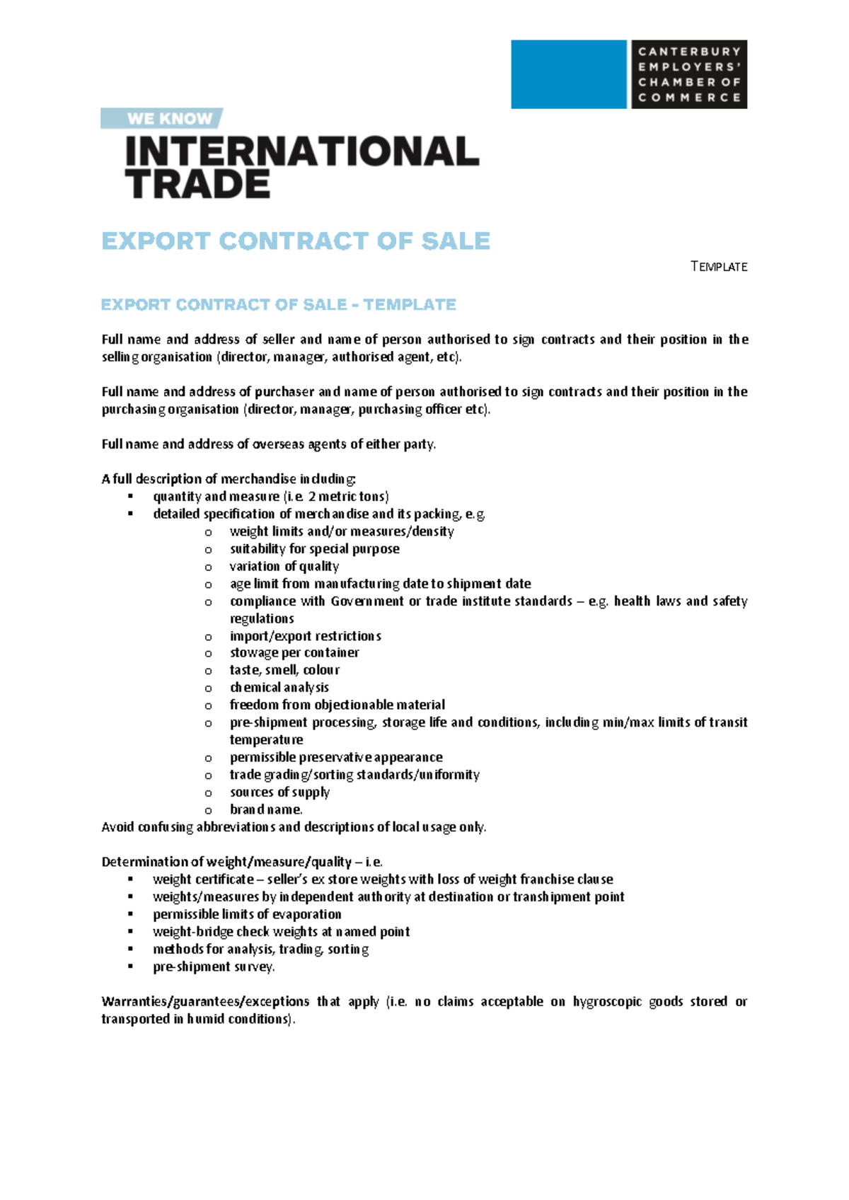 Export contract of sale template - TEMPLATE Full name and address of ...