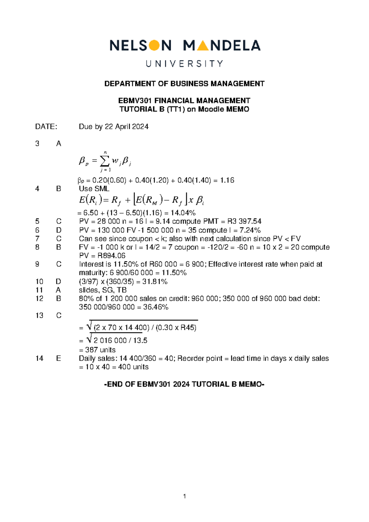 2024 EBMV301 Tutorial B TT1 MEMO - 1 DEPARTMENT OF BUSINESS MANAGEMENT ...