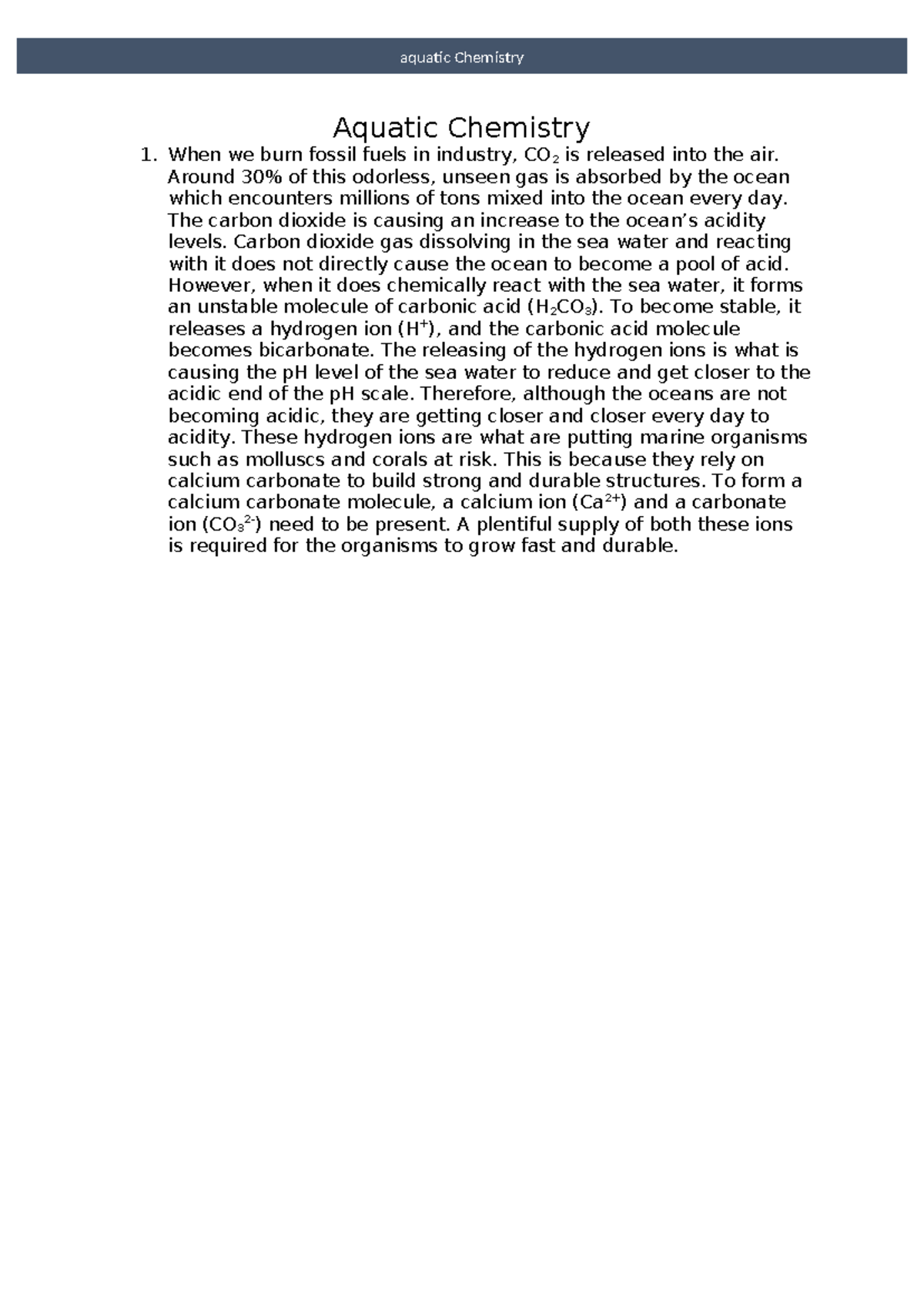 Aquatic Chemistry Assignment - aquatic Chemistry Aquatic Chemistry When ...