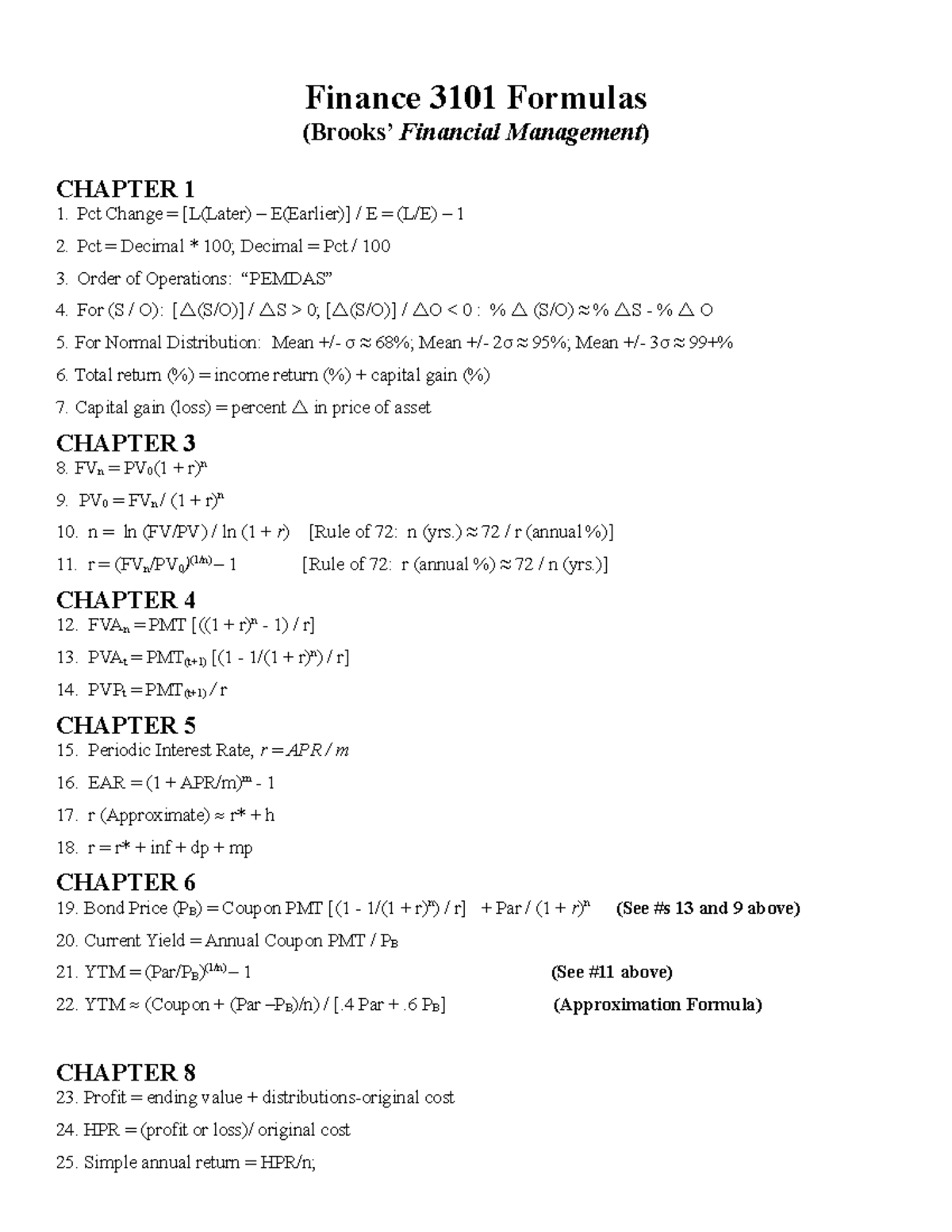 Formula Sheet for Finance - Finance 3101 Formulas (Brooks’ Financial ...