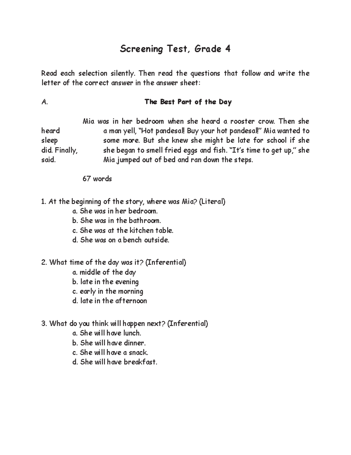 GST Phil IRI Material English 4 6 - Screening Test, Grade 4 Read each ...