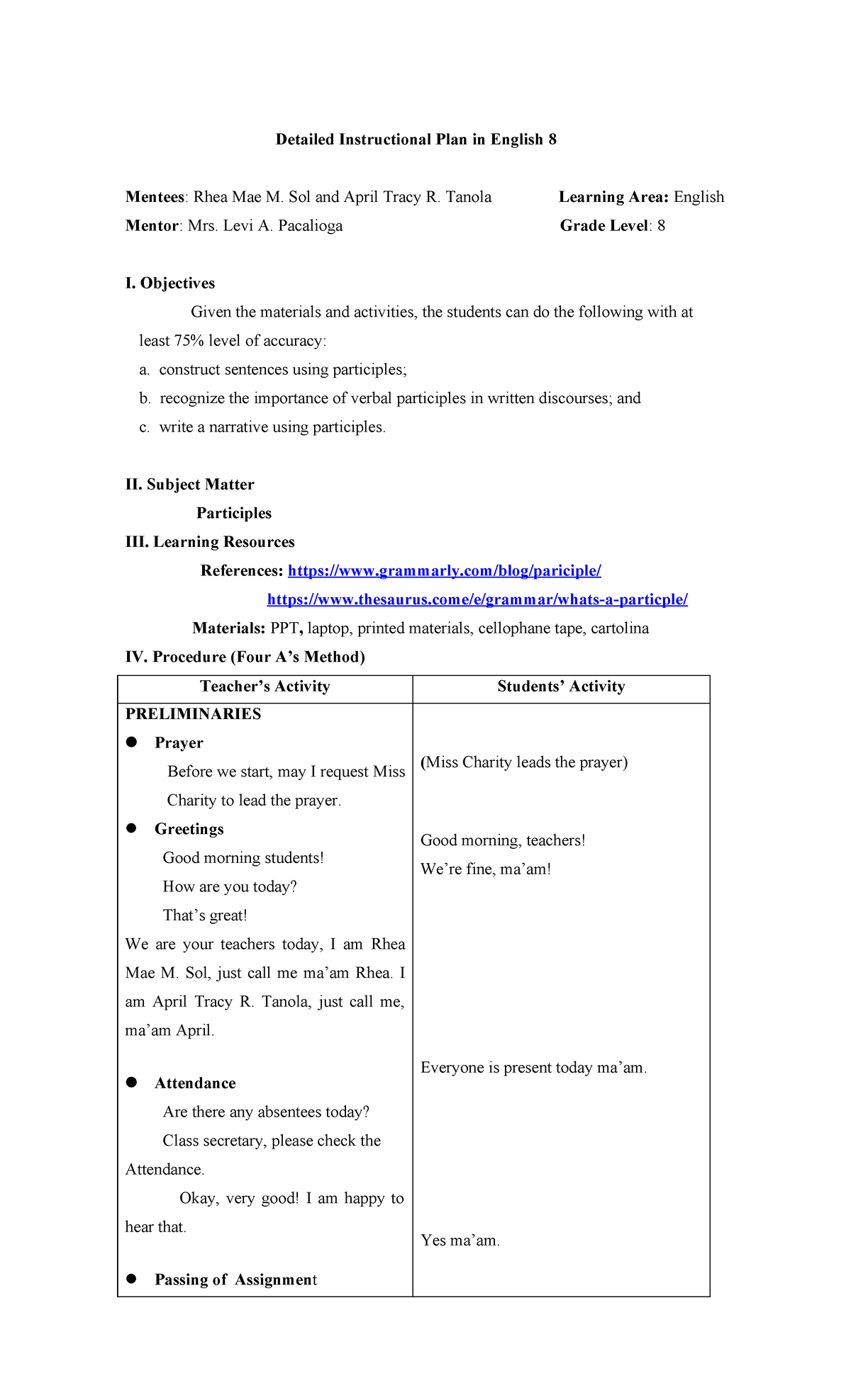 LP Verbal Participles new - Detailed Instructional Plan in English 8 ...