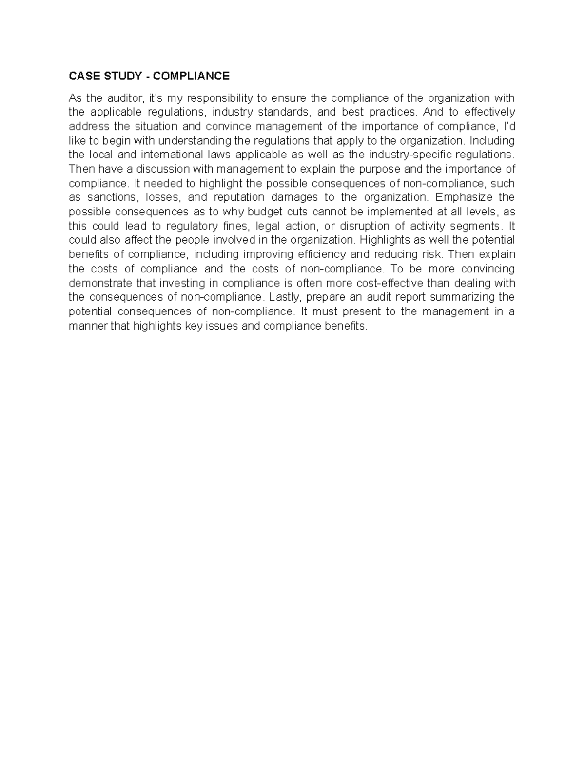 Auditing - HOPE IT HELPS - CASE STUDY - COMPLIANCE As the auditor, it’s my responsibility to ...