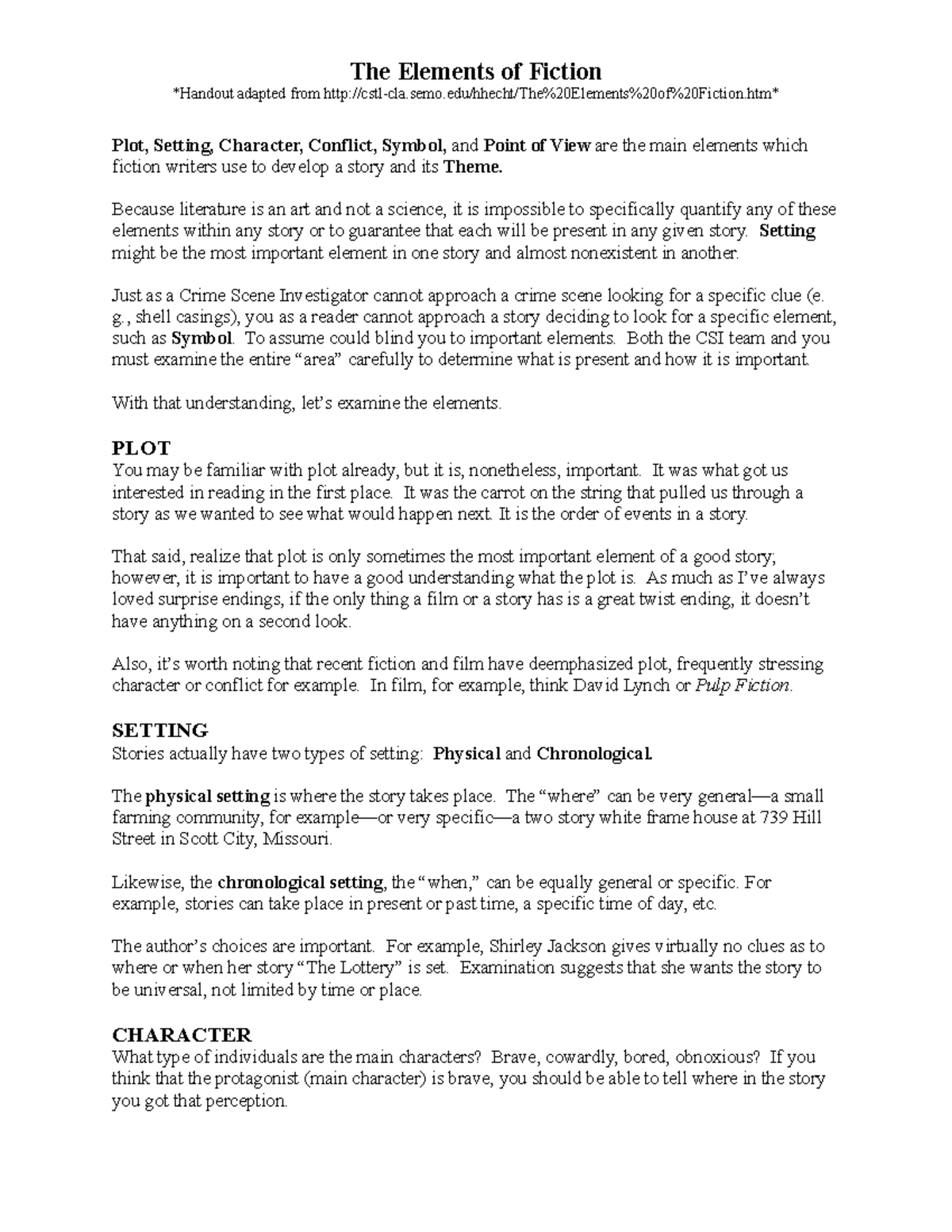 Elements Of Fiction The Elements Of Fiction Handout Adapted From