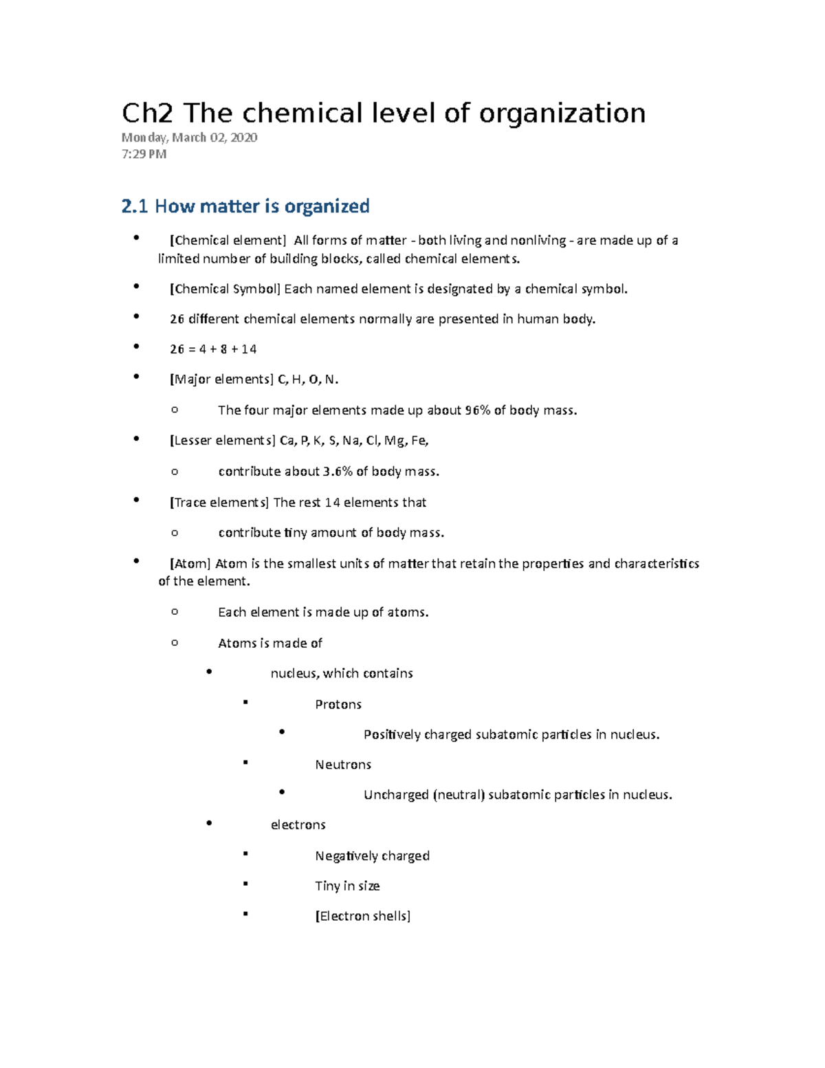 Notes - Ch2 The chemical level of organization - Ch2 The chemical level ...