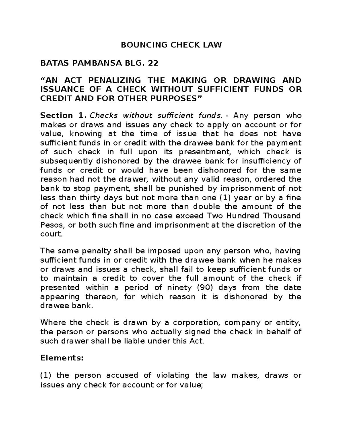 B - Lecture notes - BOUNCING CHECK LAW BATAS PAMBANSA BLG. 22 “AN ACT ...