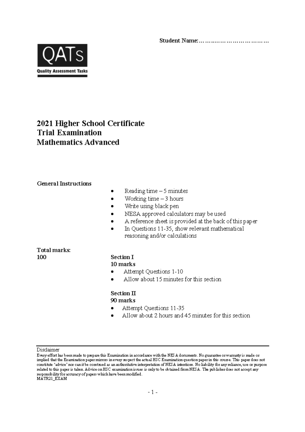 MATR21 HSC Trial Exam Mathematics Advanced 2021 - Disclaimer Every ...