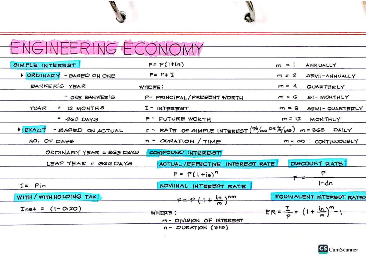 Formulas - Notes for Engineers - ENGINEERING ECONOMY SIMPLE INTEREST F ...