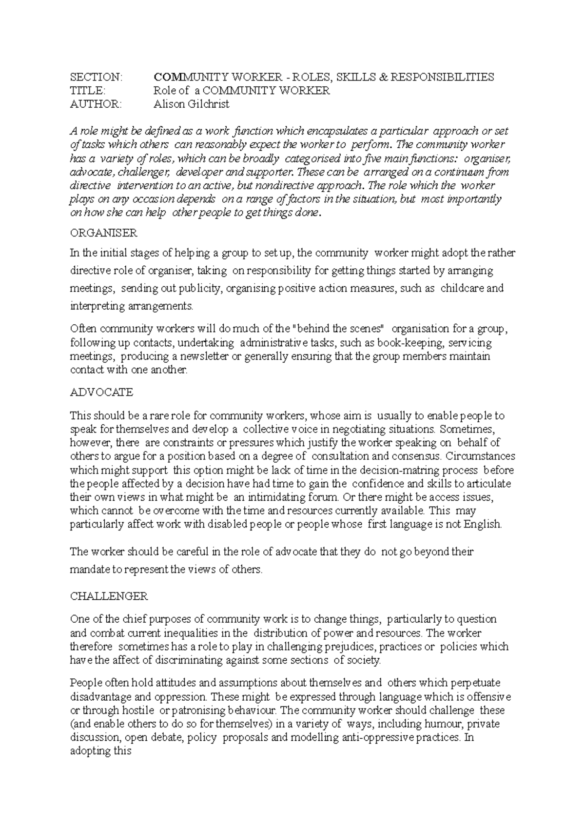 4.3 Roles of a community worker - SECTION: TITLE: AUTHOR: COMMUNITY ...
