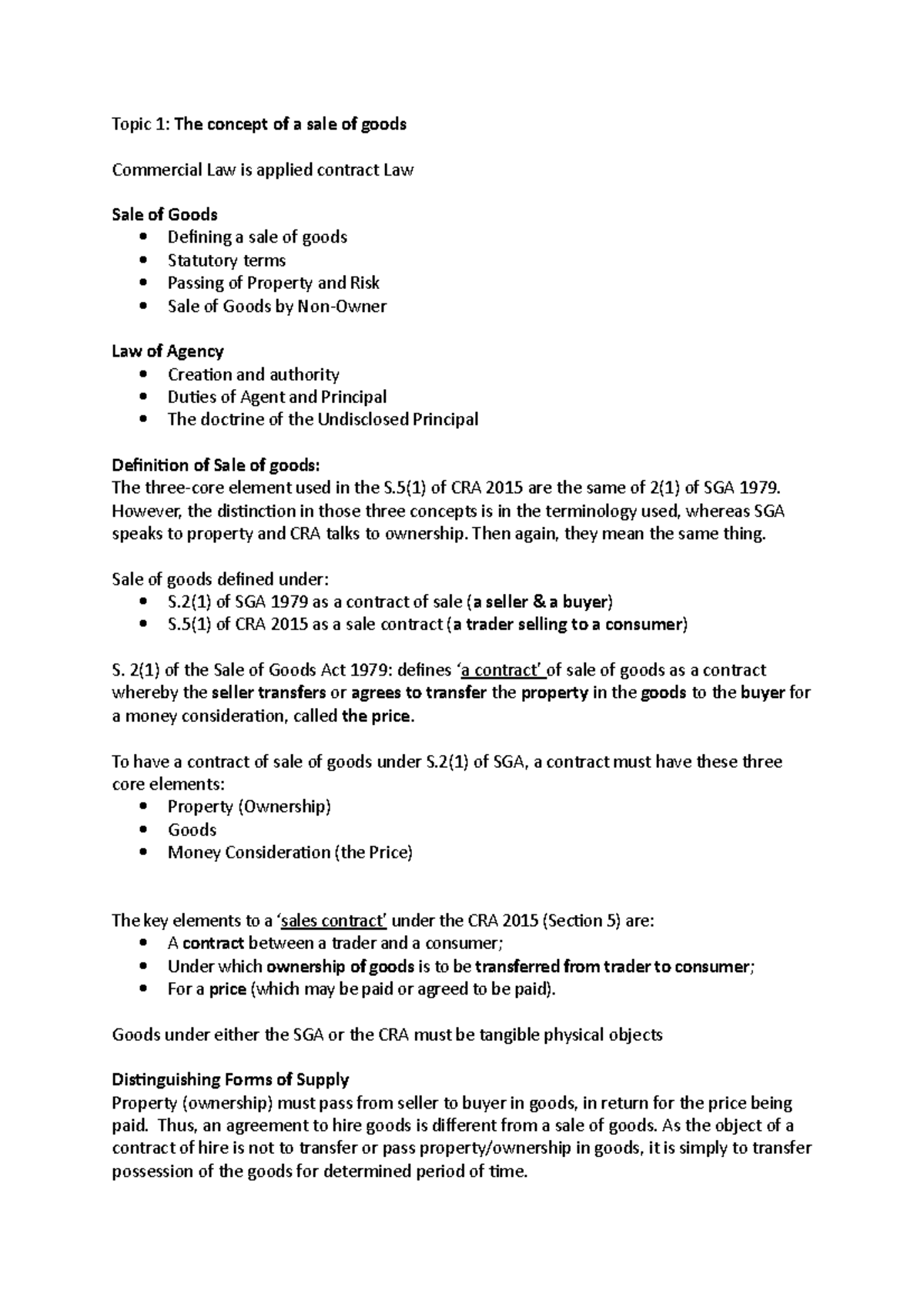 Topic 1 - Sale of Goods Notes - Topic 1: The concept of a sale of goods ...
