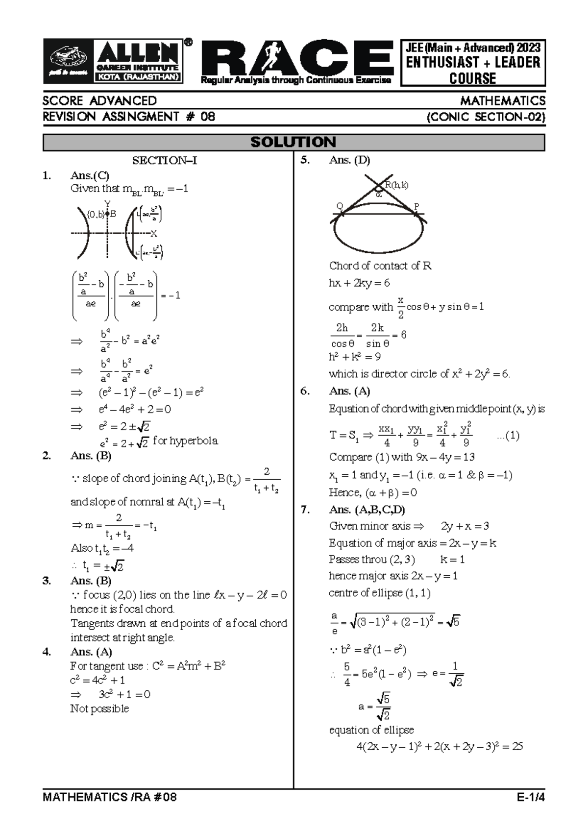 08 RA (Conic section-02) Sol - MATHEMATICS /RA # 08 E-1/ ENTHUSIAST ...