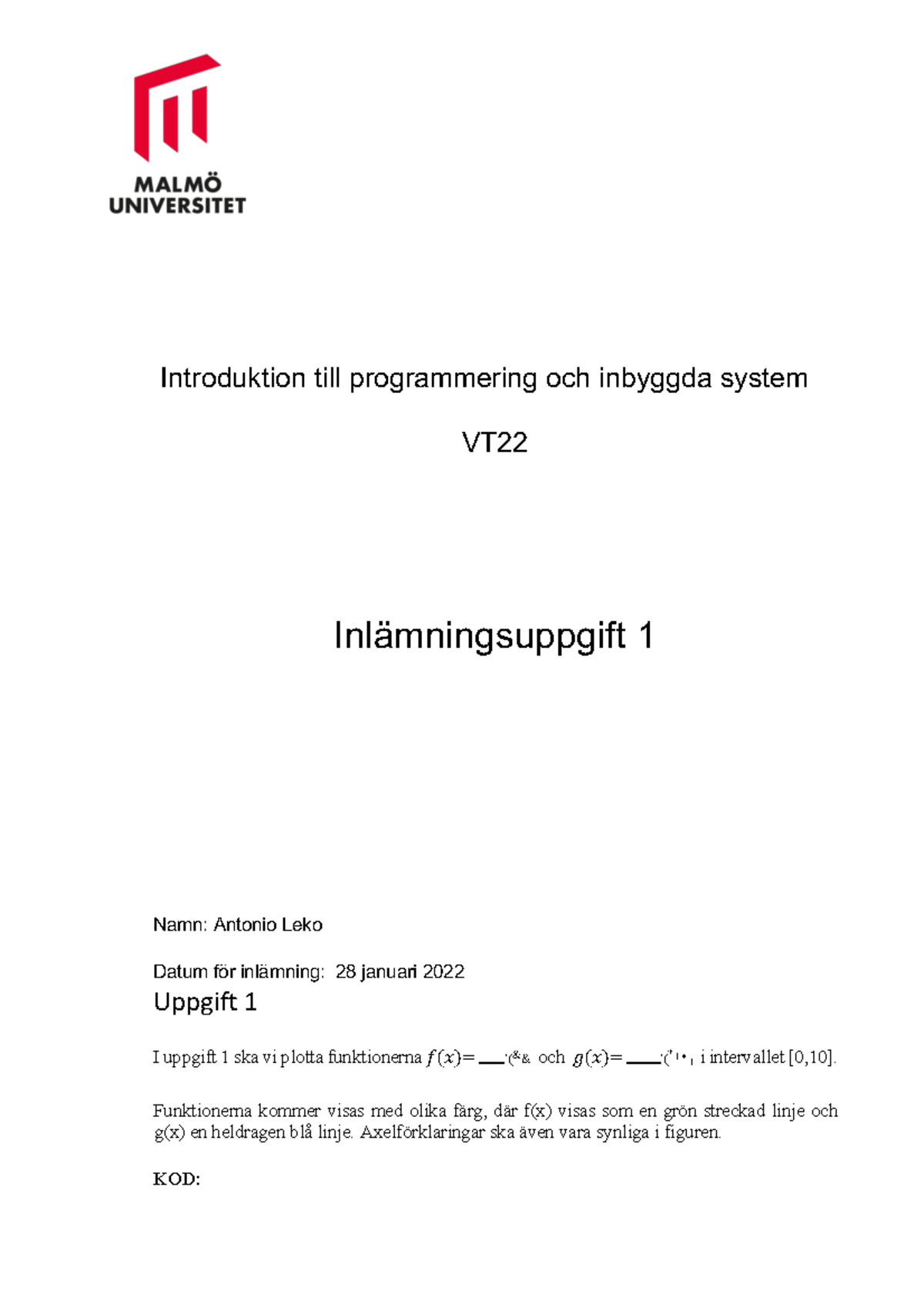 Matlabuppgift 1 - Introduktion till programmering och inbyggda system ...