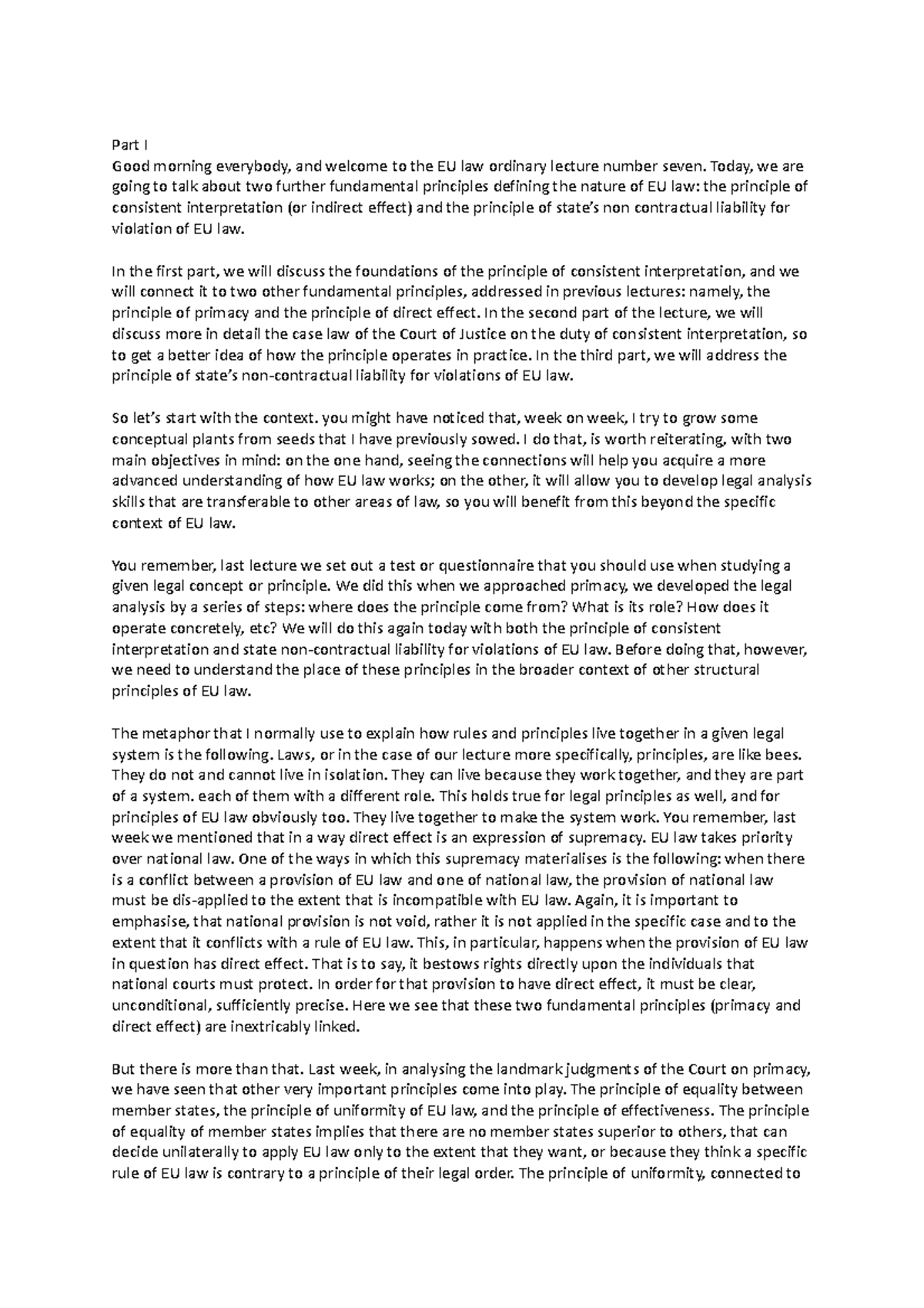 EU Law Ordinary 21.22 Lecture 7 Script - Part I Good morning everybody, and welcome to the EU ...