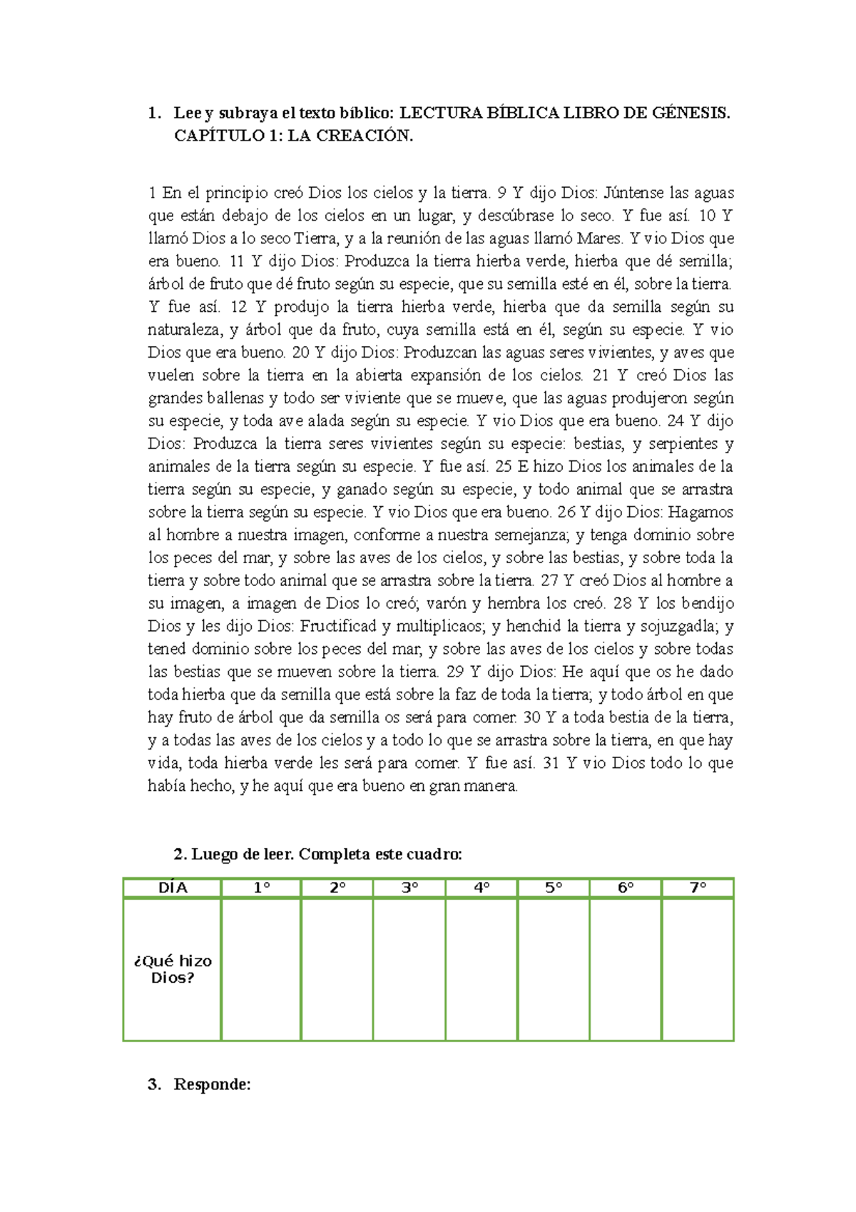 Ficha la creación - Lee y subraya el texto bíblico: LECTURA BÍBLICA ...