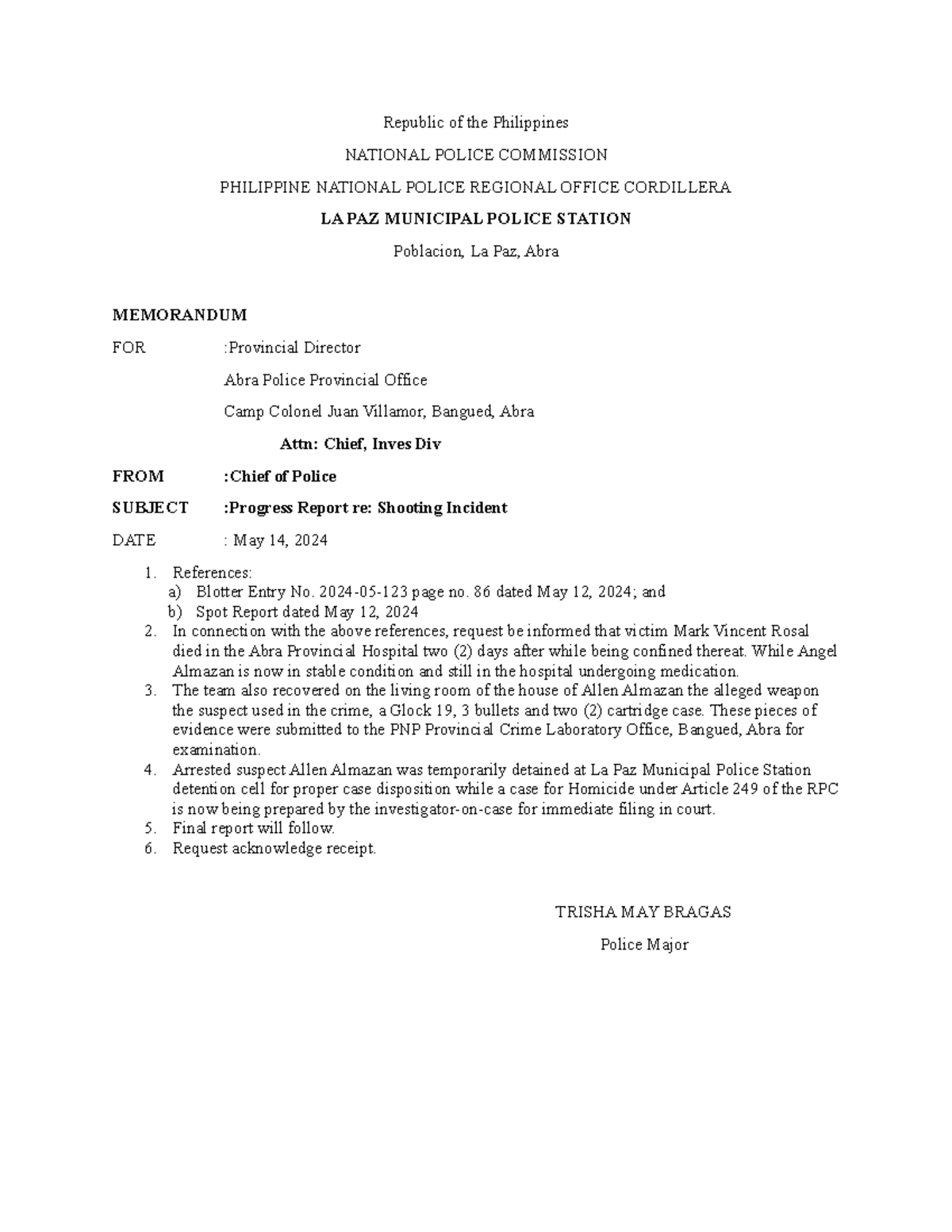 Trisha-Progress-Report - Republic of the Philippines NATIONAL POLICE ...