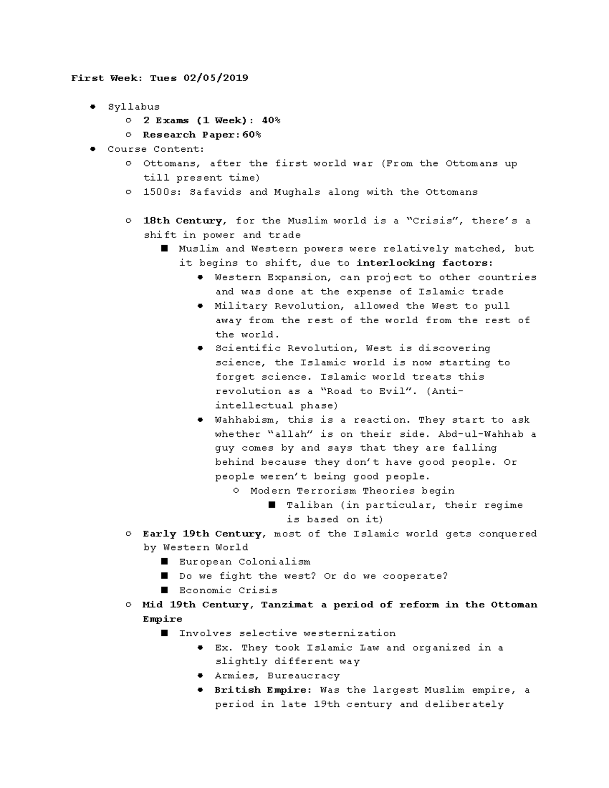 Modern Middle East (Exam 1 Notes) - First Week: Tues 02/05/ Syllabus 2 ...