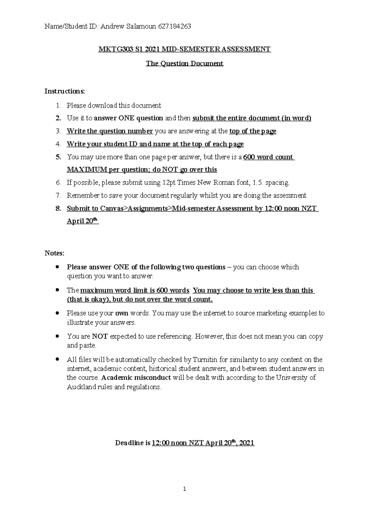 MKTG303 Mid Semester Assessment THE Questions S1 2021 - MKTG303 S1 2021 ...