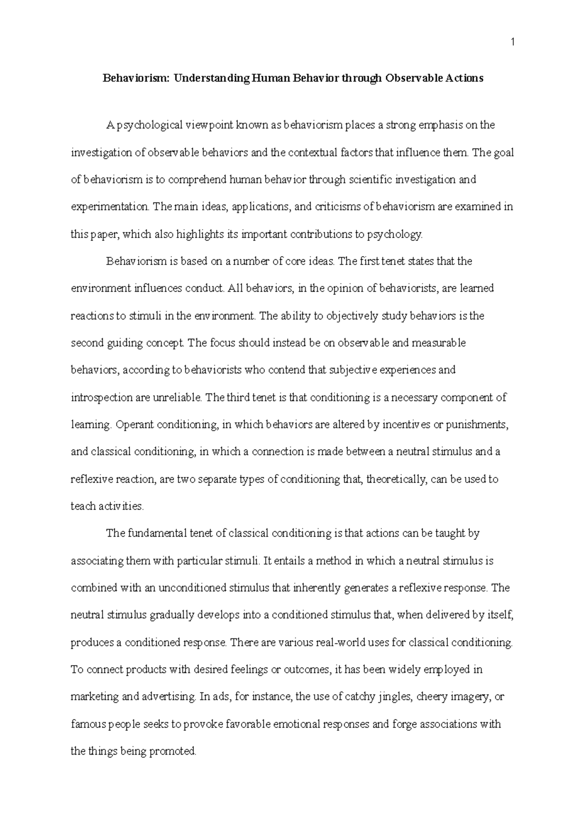 Behaviorism - Assignment - Behaviorism: Understanding Human Behavior through Observable Actions ...