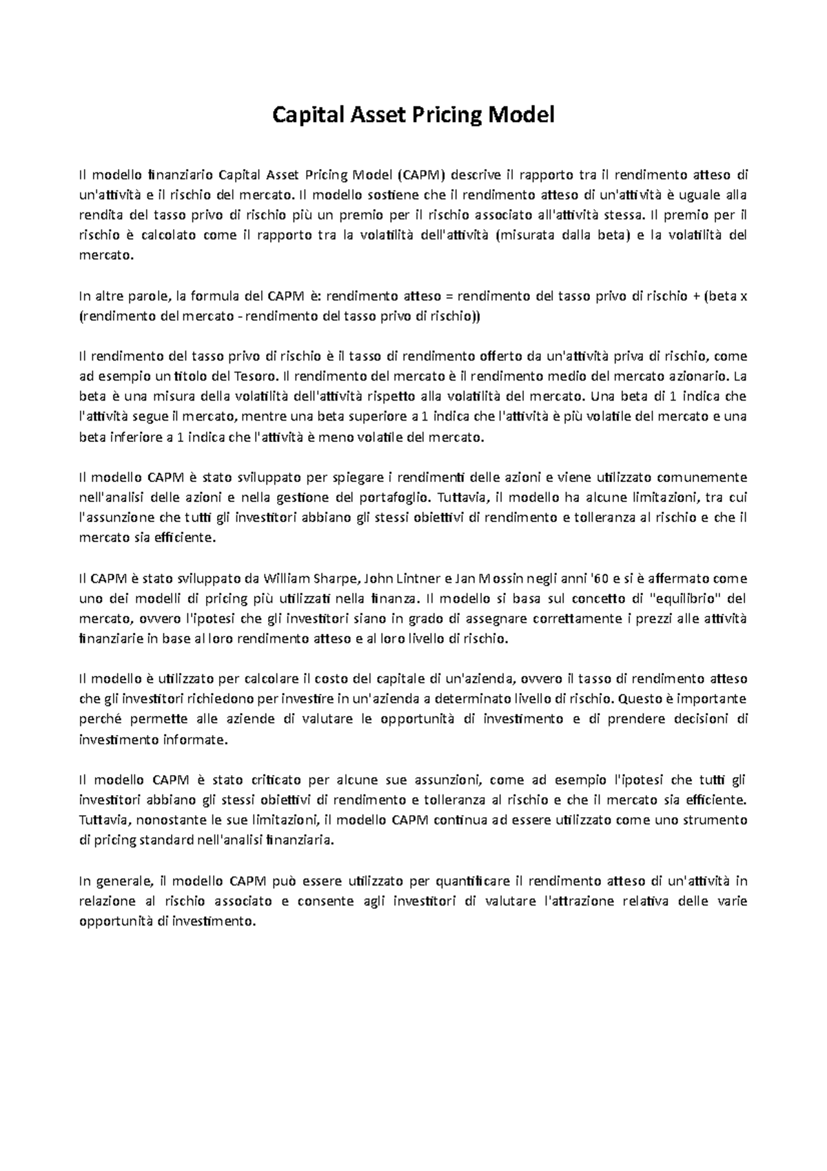 Capital Asset Pricing Model - Il modello sostiene che il rendimento ...