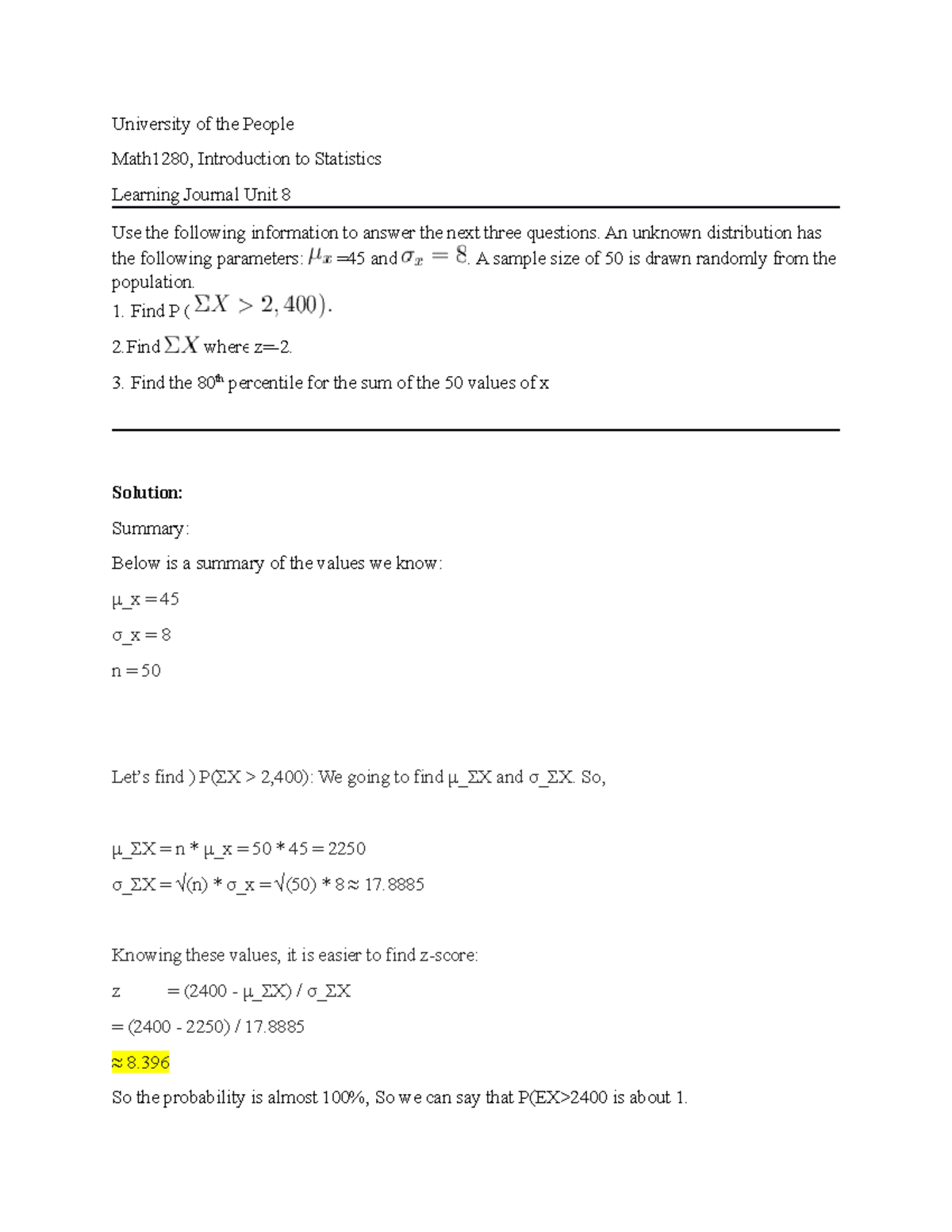 Leaning Journal Unit 8 - University of the People Math1280, Introduction to Statistics Learning ...