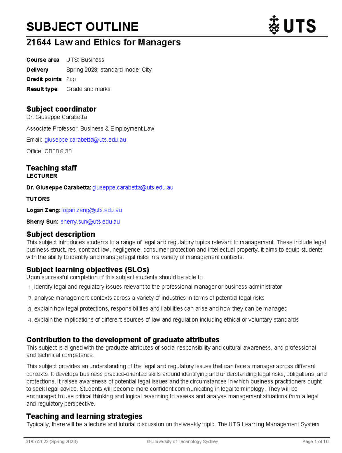 L&E subject outline - SUBJECT OUTLINE 21644 Law and Ethics for Managers ...