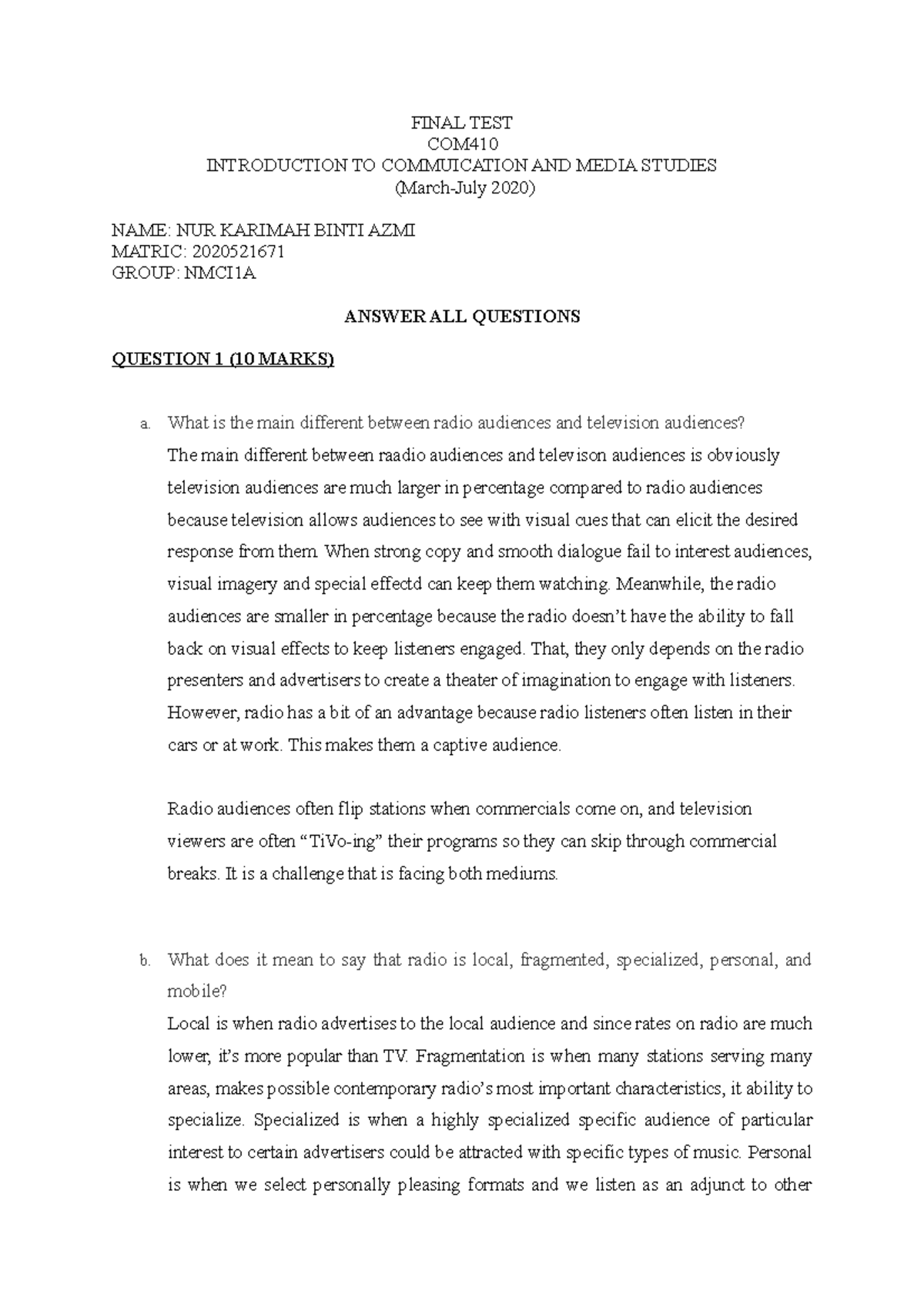 final test exam hehe - FINAL TEST COM INTRODUCTION TO COMMUICATION AND ...