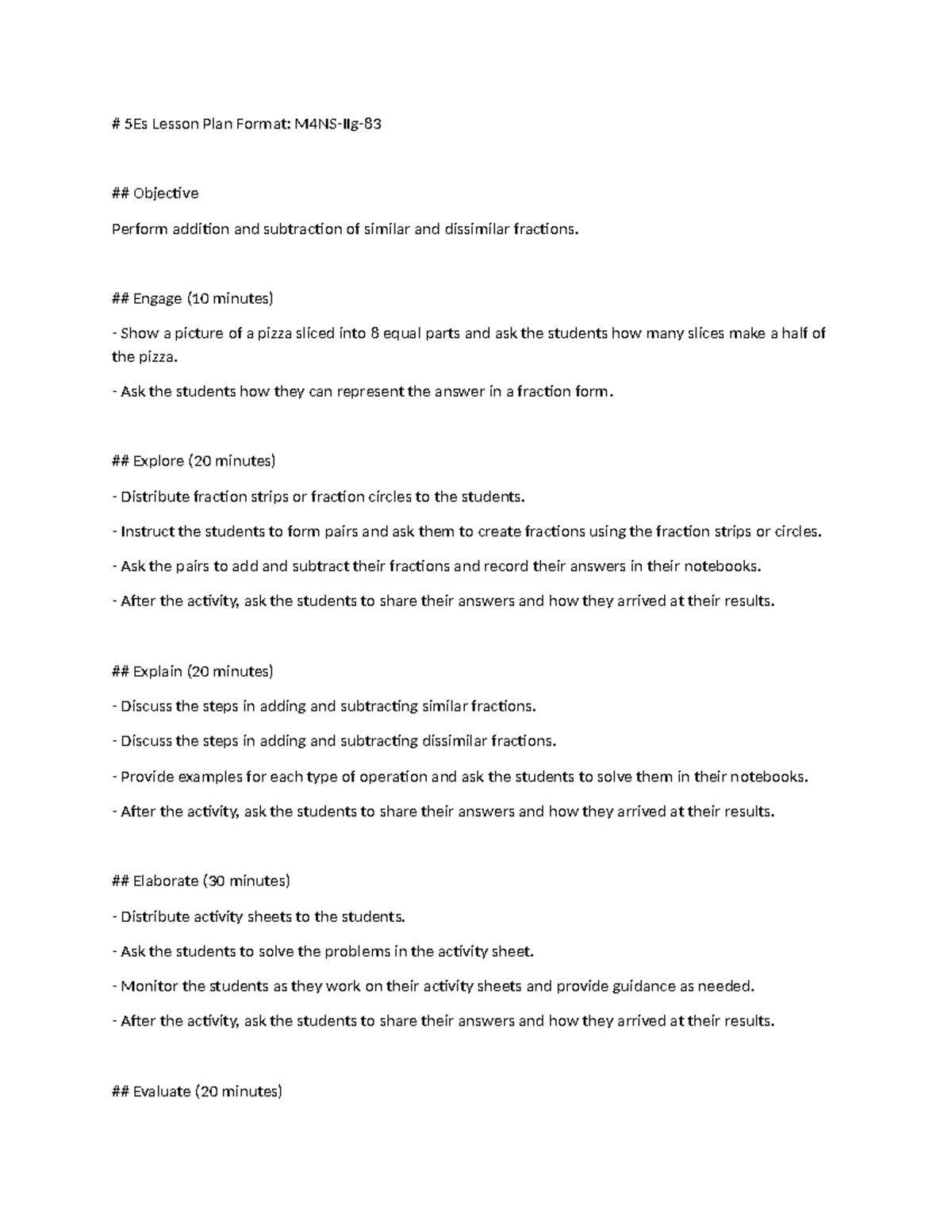 5Es Lesson Plan Format - Engage (10 minutes) Show a picture of a pizza ...