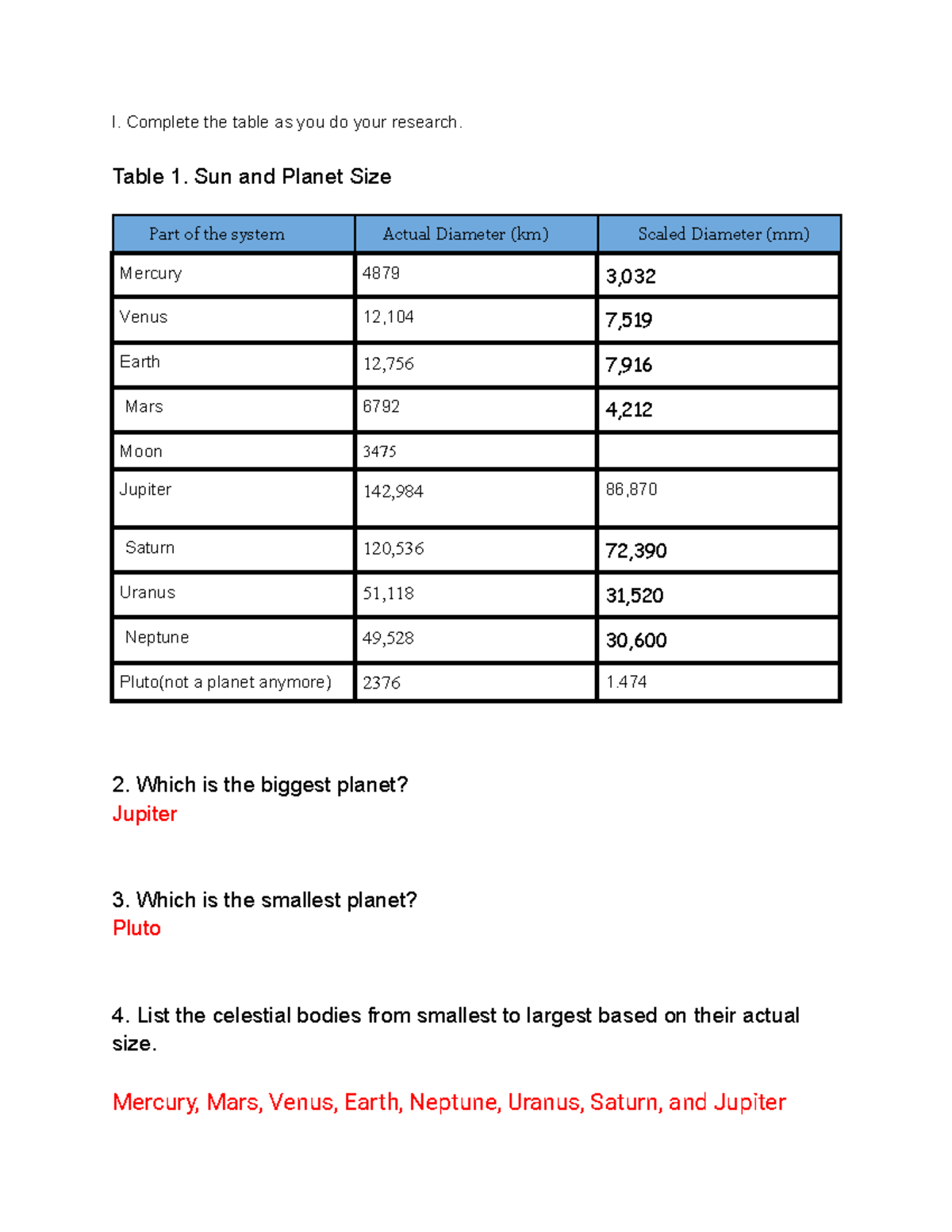 Solar System Student Guide Worksheet - I. Complete the table as you do ...