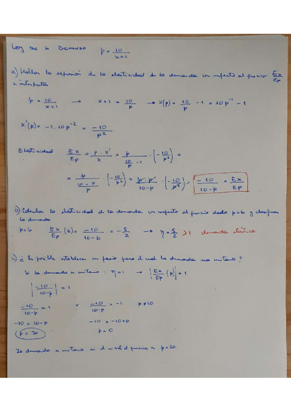 Aplic de la derivada - loy DE la DOHANDA p. 10 a) Holla la experision de to elasticided de la ...