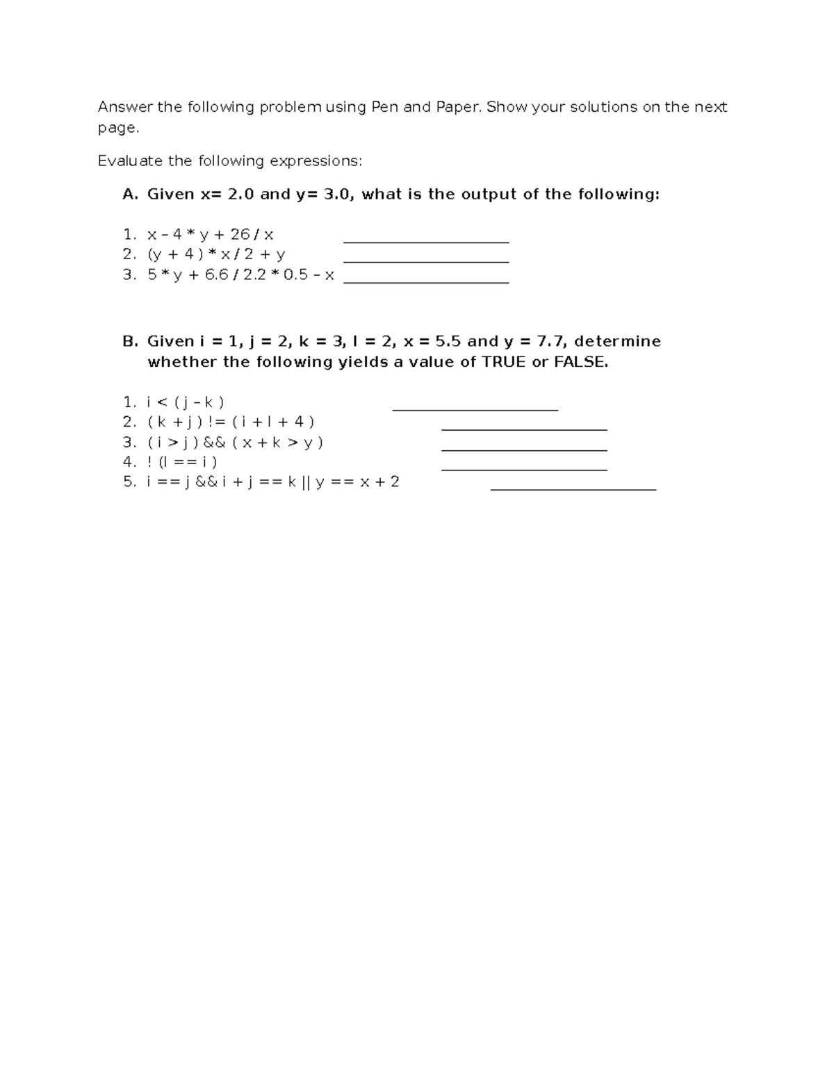 Evaluating Expressions - Answer the following problem using Pen and ...