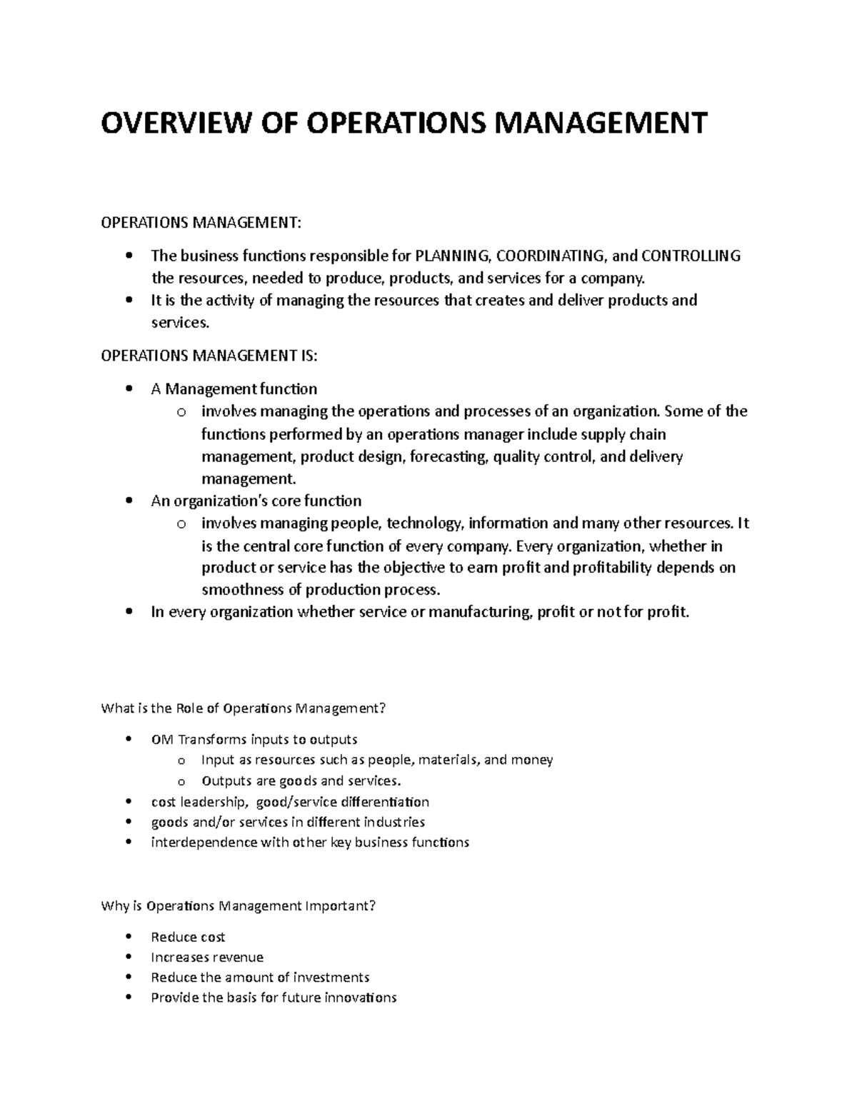 Lecture 1 overview of om - OVERVIEW OF OPERATIONS MANAGEMENT OPERATIONS ...