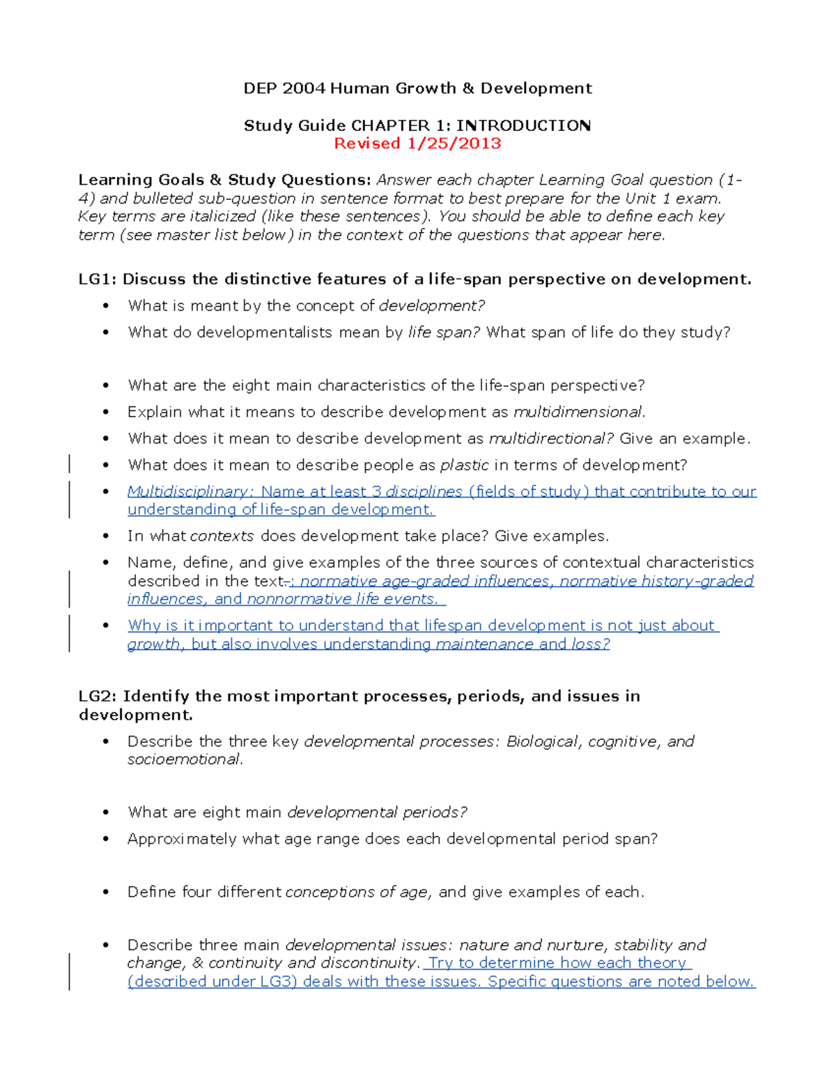 Ch1 Study Guide Revised 1 - DEP 2004 Human Growth & Development Study ...