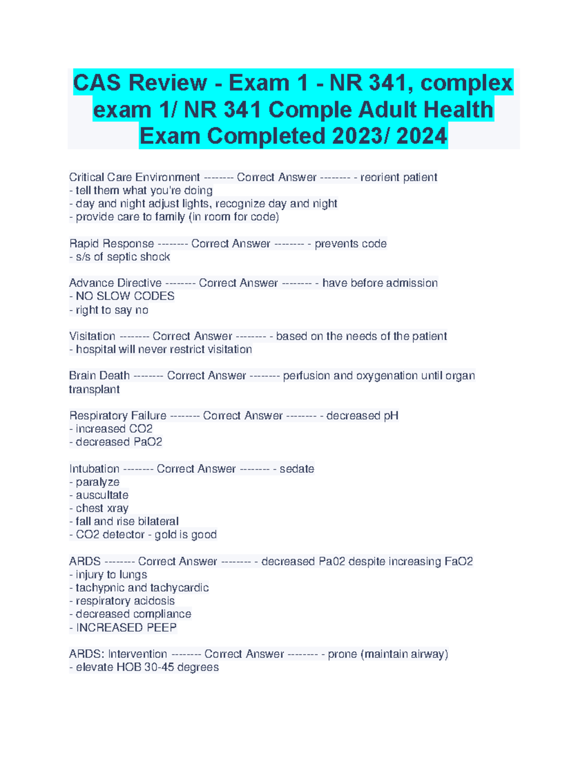 CAS Review - New Latest Version with all questions and 100% correct ...