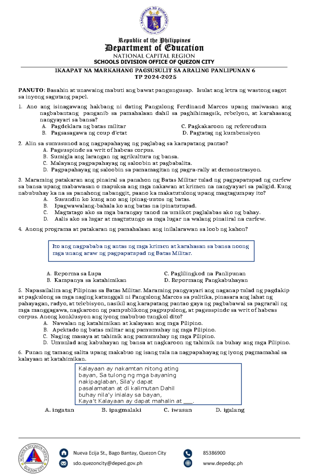 AP6 Q4 - exam - IKAAPAT NA MARKAHANG PAGSUSULIT SA ARALING PANLIPUNAN 6 ...