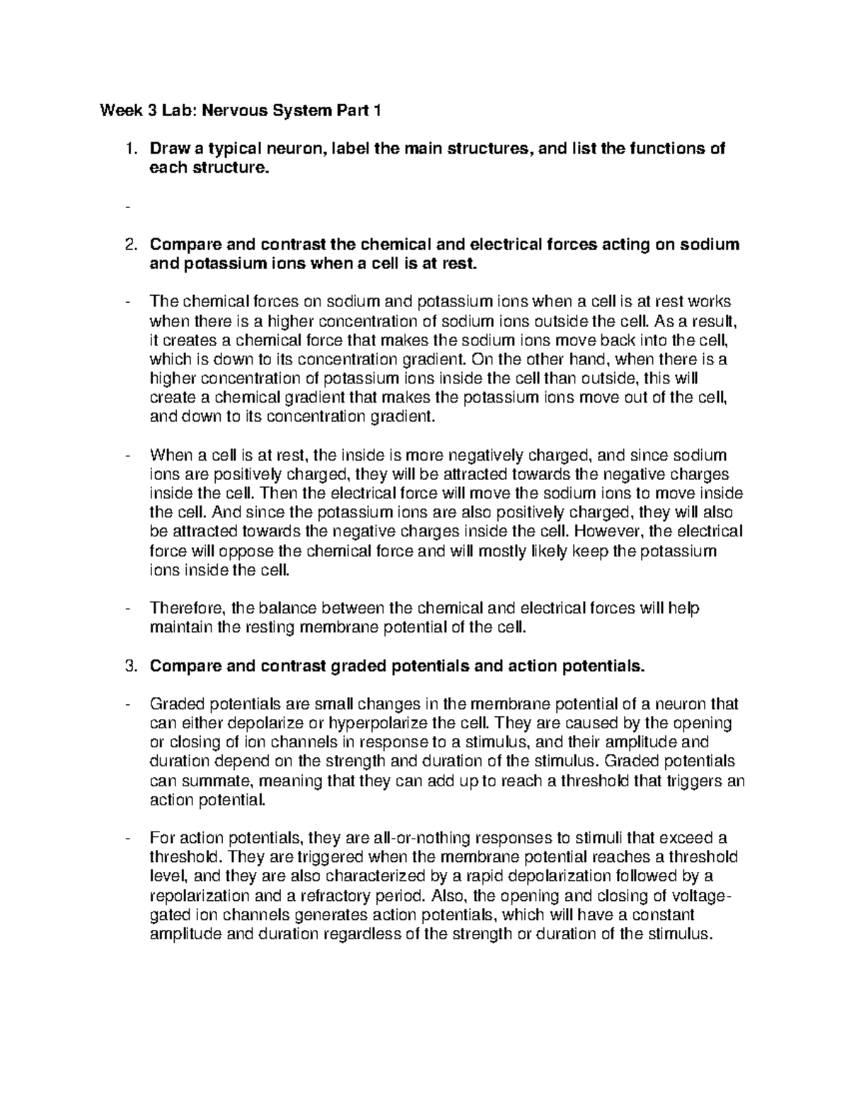 Week 3 Lab - Practice lab - Week 3 Lab: Nervous System Part 1 1. Draw a ...