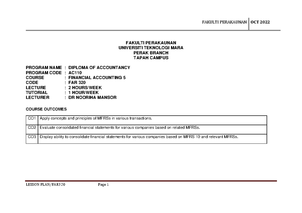 OBE lesson plan FAR 320 OCT 2022 - FAKULTI PERAKAUNAN UNIVERSITI ...
